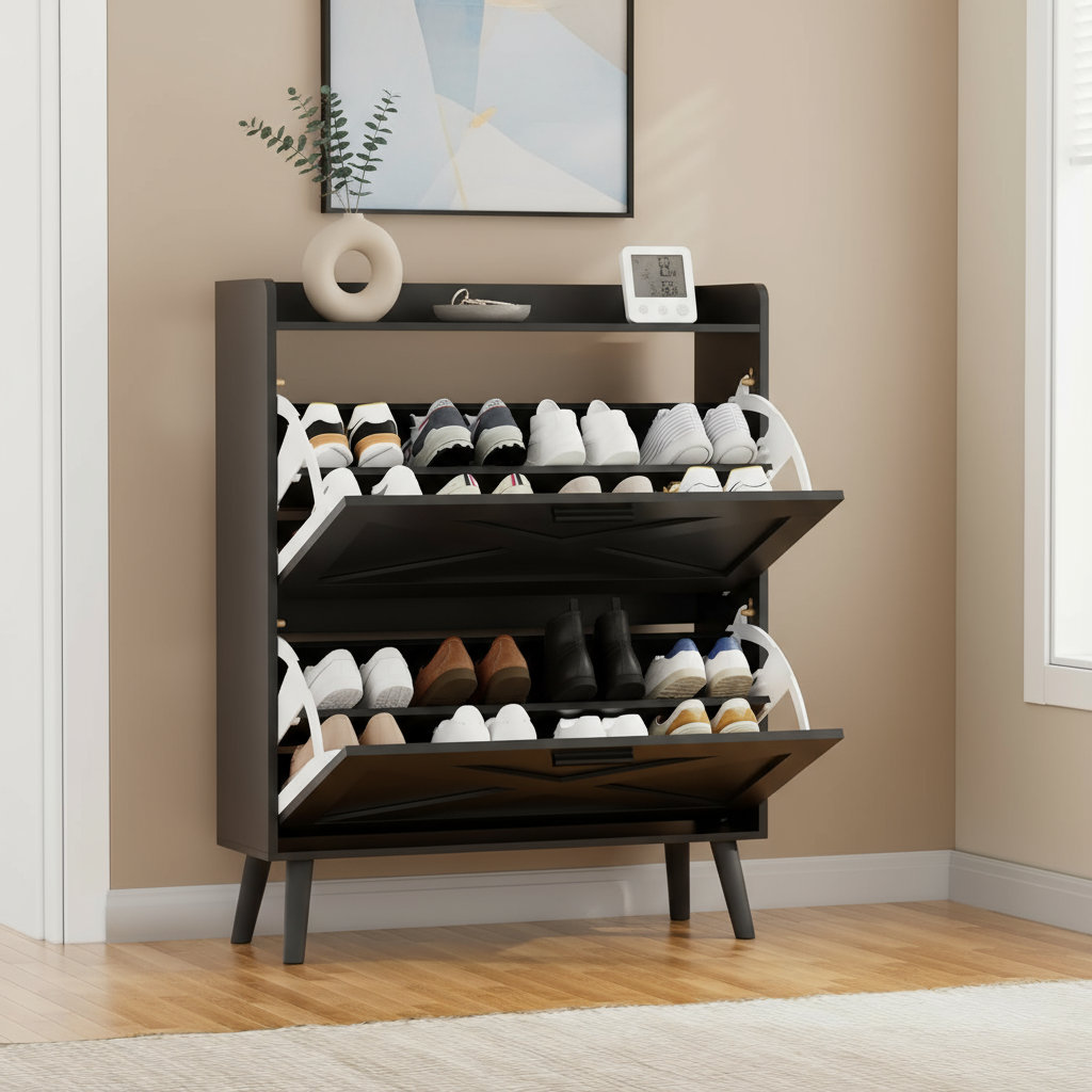 Latitude Run® Black, Wide, Farmhouse-Style Shoe Cabinet With Barn Doors ...