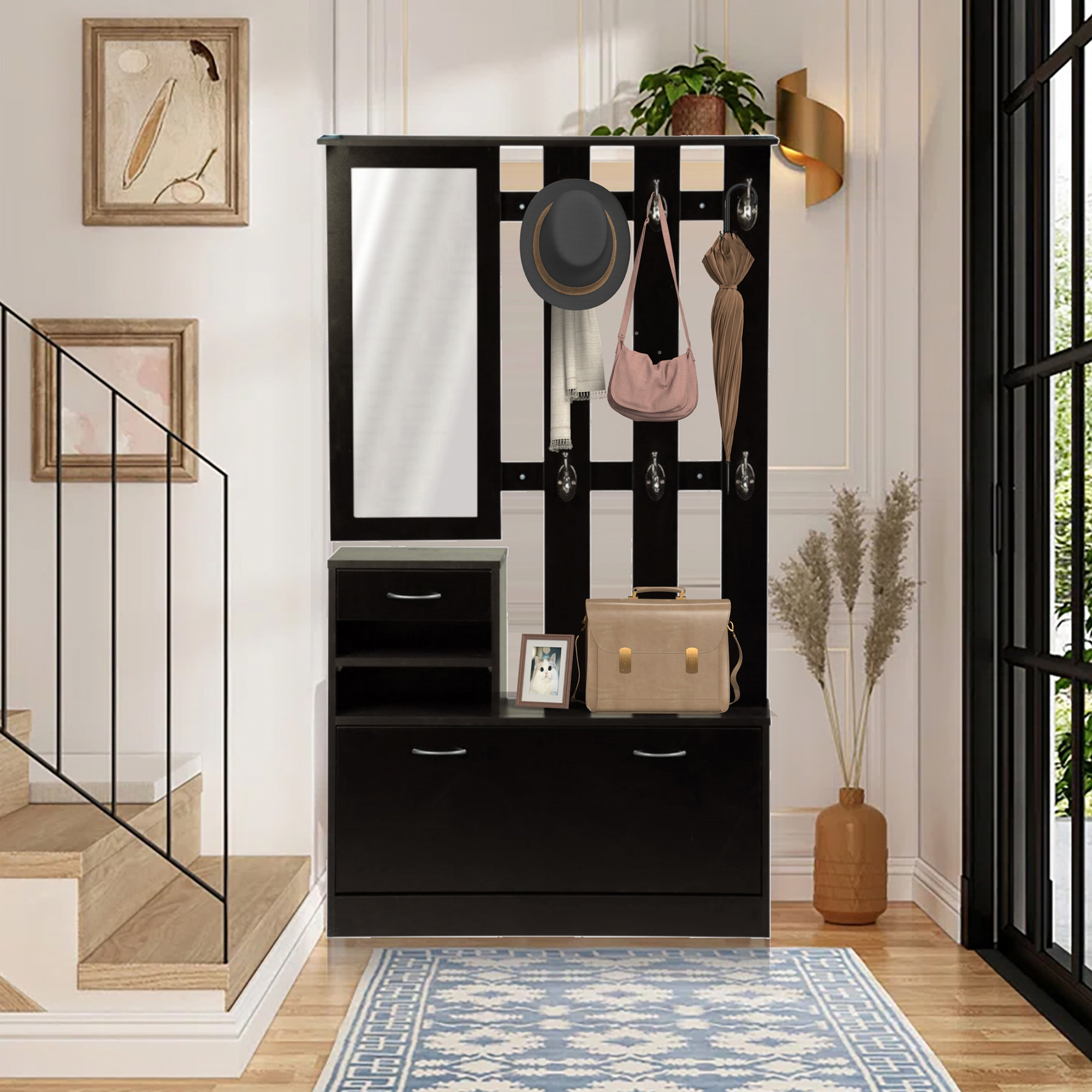 Orren Ellis Hall Tree 35.4'' Wide with Shoe Storage and Mirror | Wayfair