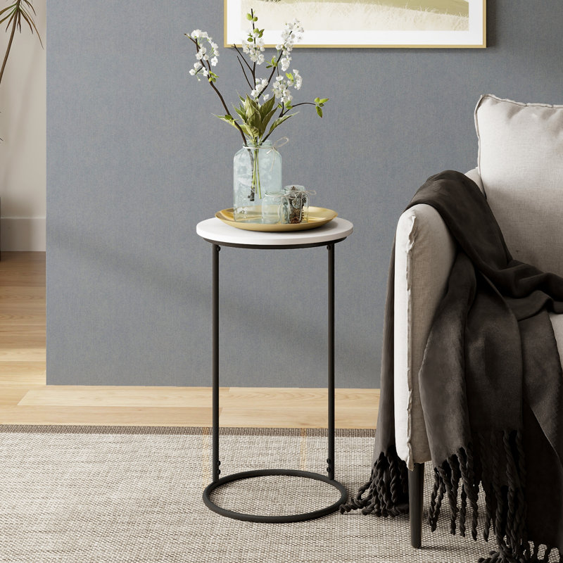 Ebern Designs Round Faux Marble Top Accent C-table With Black Base ...