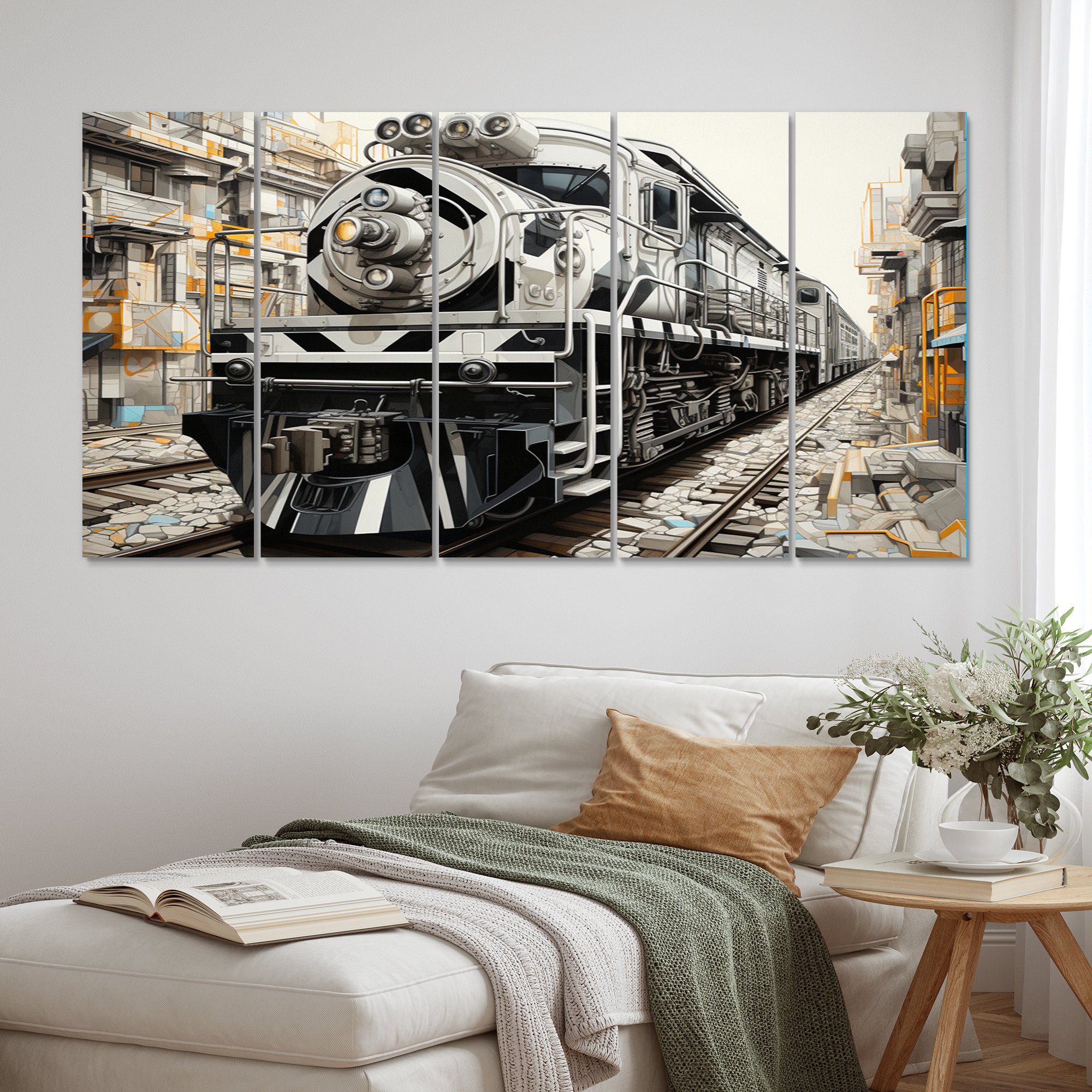 Williston Forge Gray Train Geometric Momentum - 5 Piece Wrapped Canvas ...