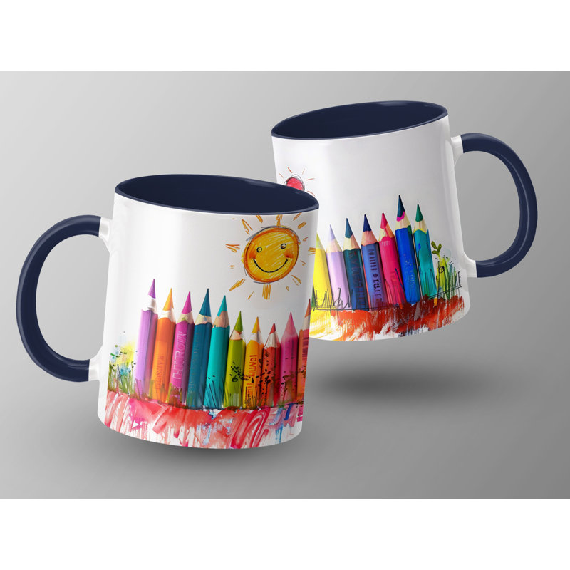 East Urban Home Kids Drawing Style 11oz Accent Mugs – White Ceramic ...