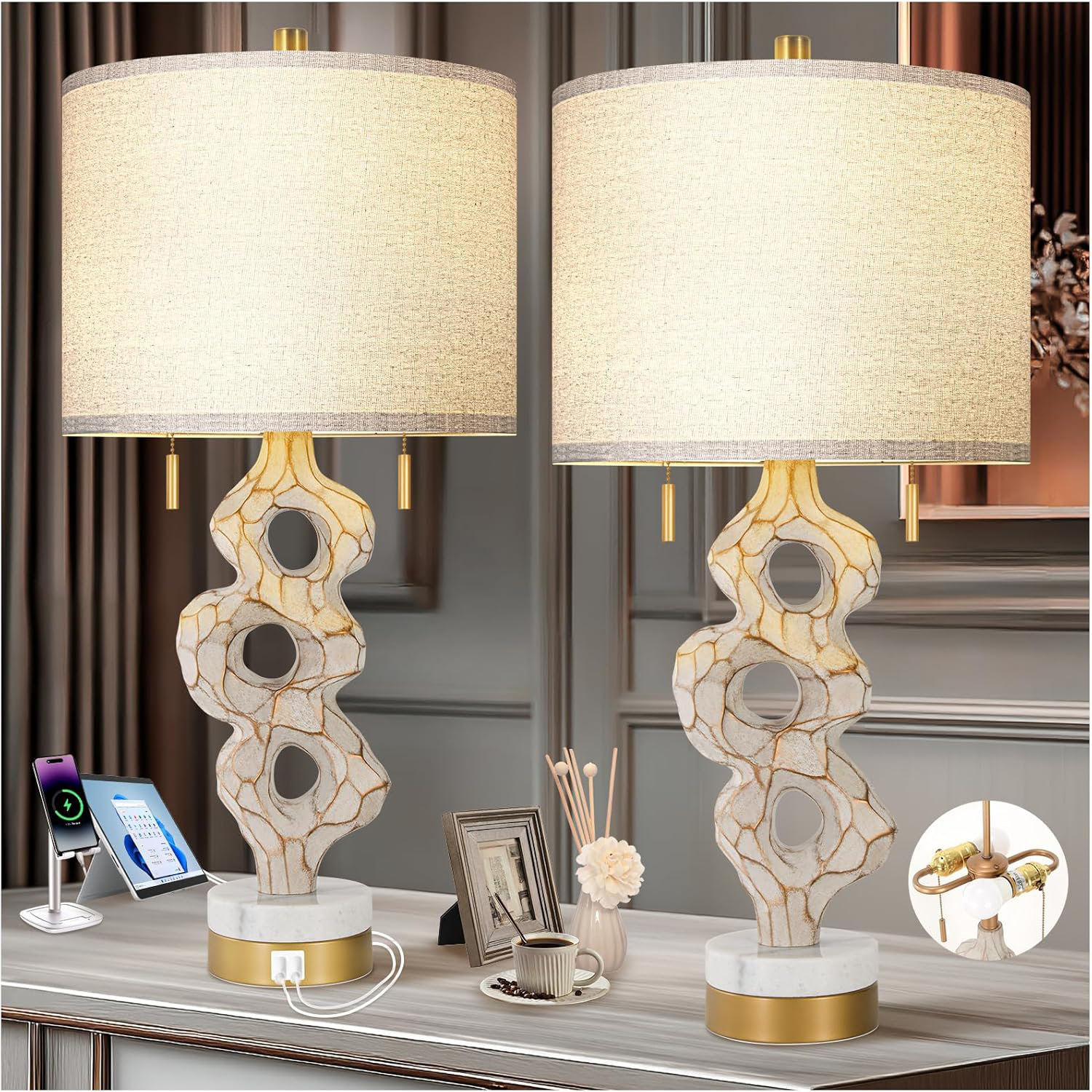 Everly Quinn Rustic Bedroom Table Lamps Set Of 2 - 26" Farmhouse Night ...