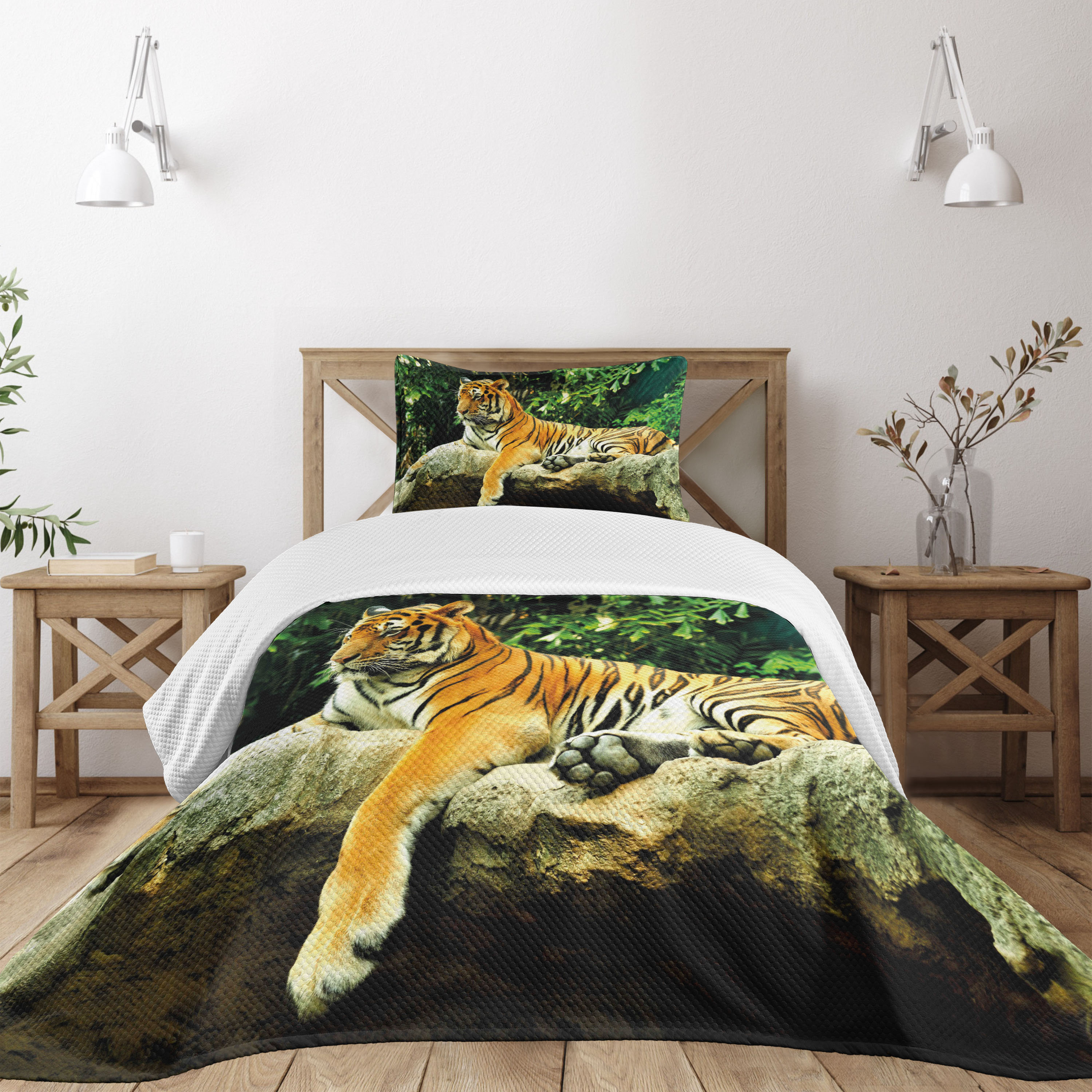 Ambesonne Tiger Bedspread Set Big Cat Resting in Forest Multicolor ...