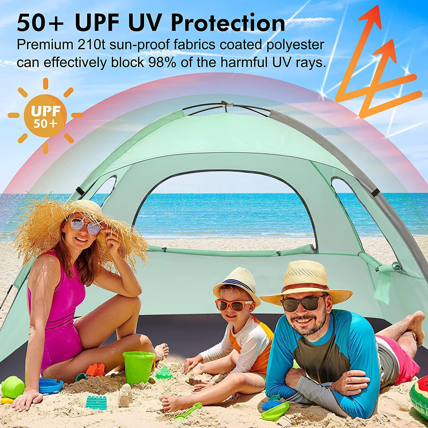 LinsCraft Beach Tent Anti-UV Portable Sun Shade Shelter For 3/4/6/8 Person, Extendable Floor ...