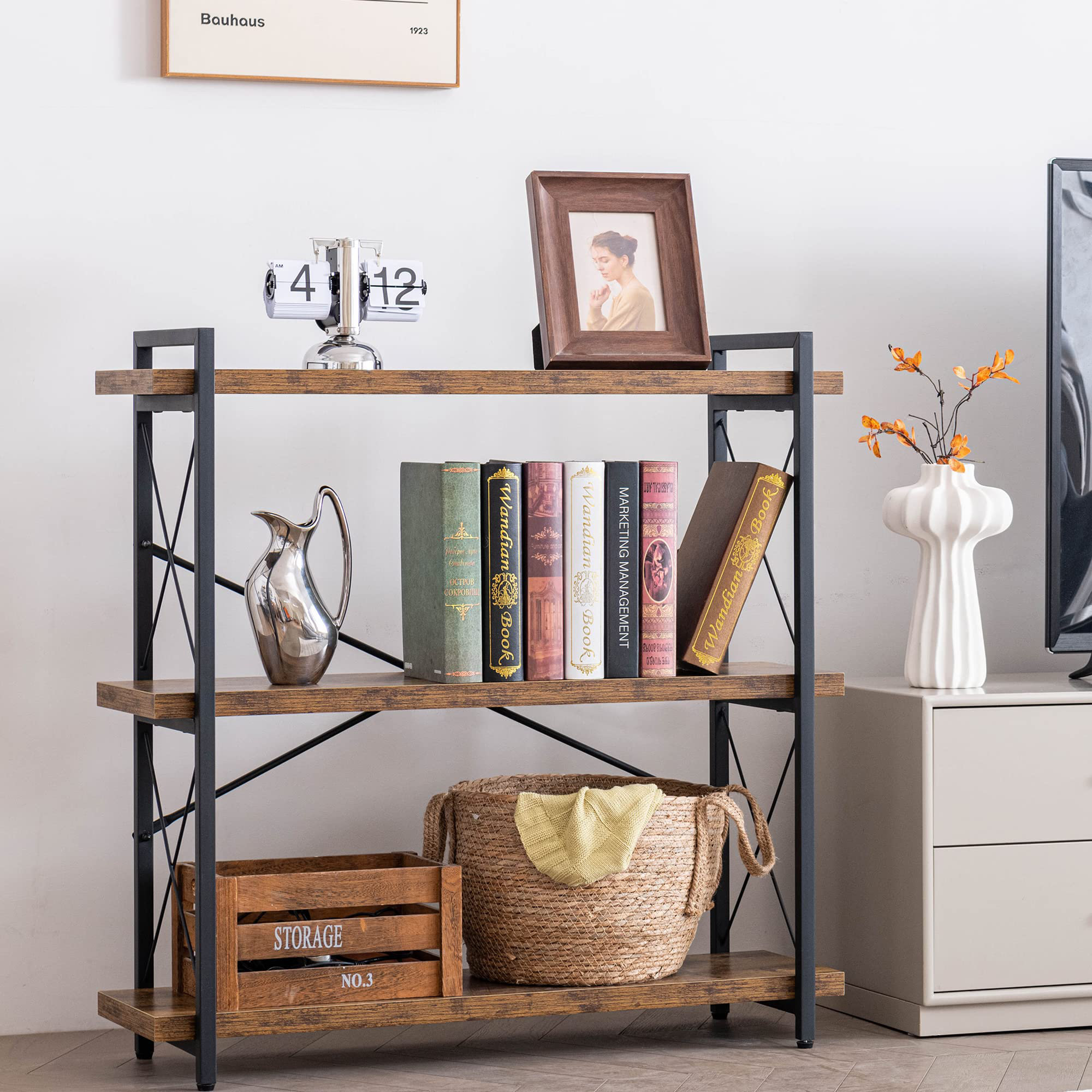 Latitude Run® Bookshelf, 3-Tier Industrial Bookcase, Rustic Open Book ...