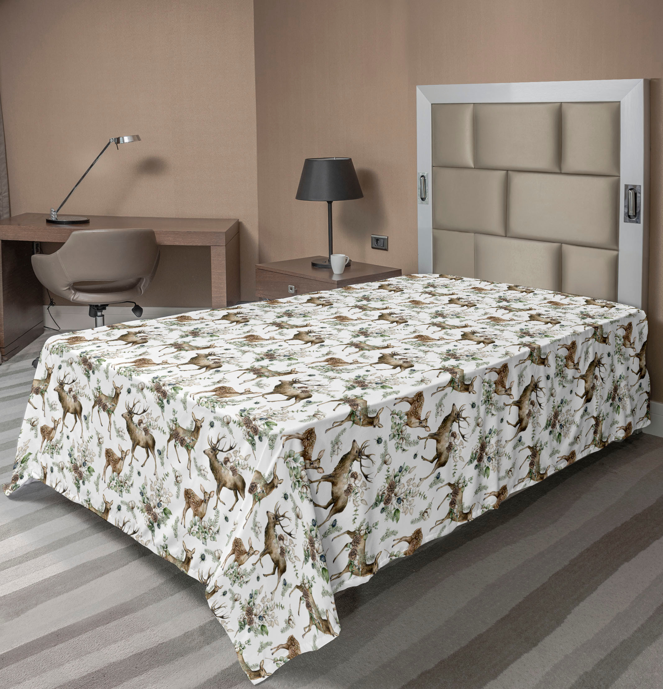 Ambesonne Woods Flat Sheet Antler Reindeer Floral Spring Brown Laurel ...