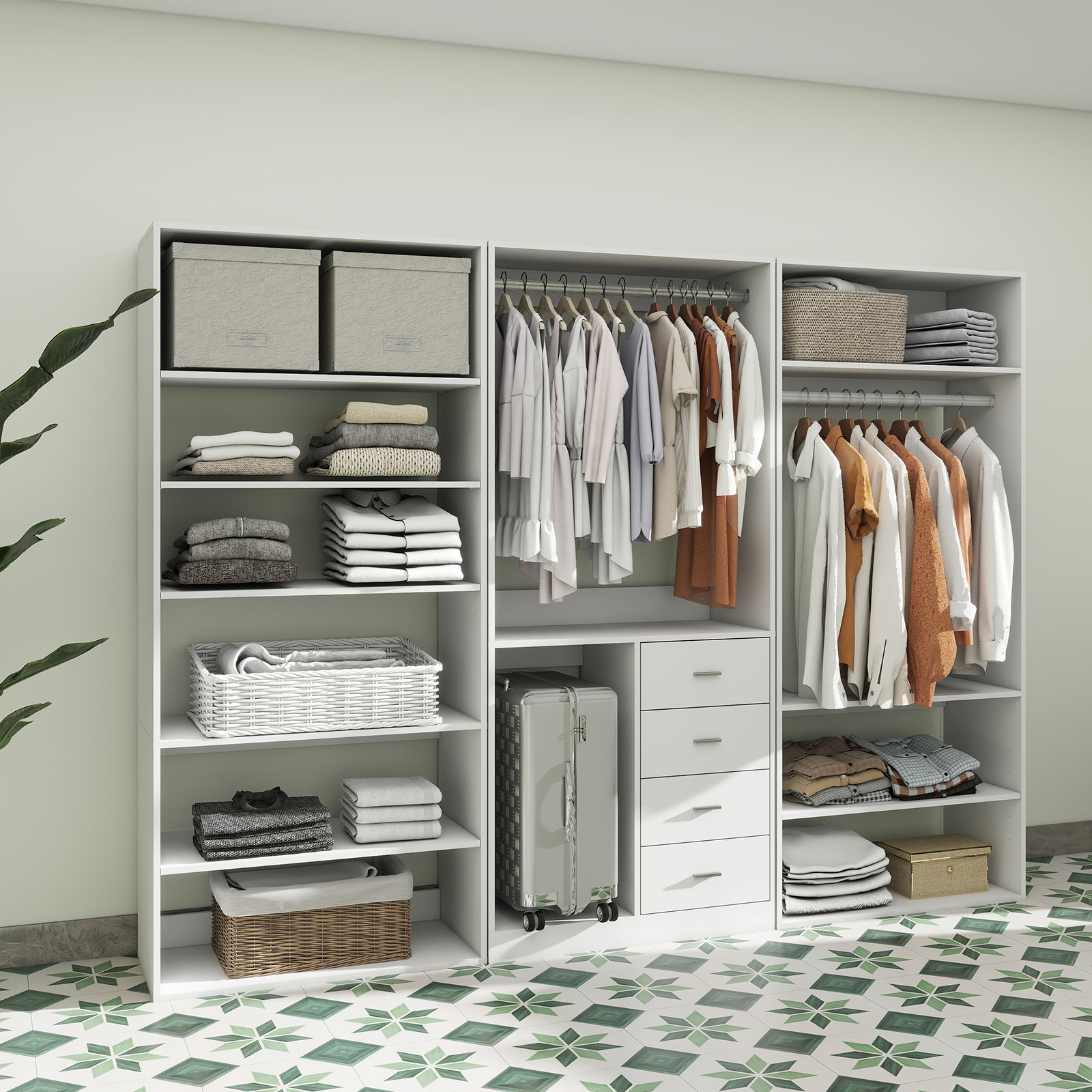 Latitude Run® Closet Organizer System with Drawers and Hanging Rods ...