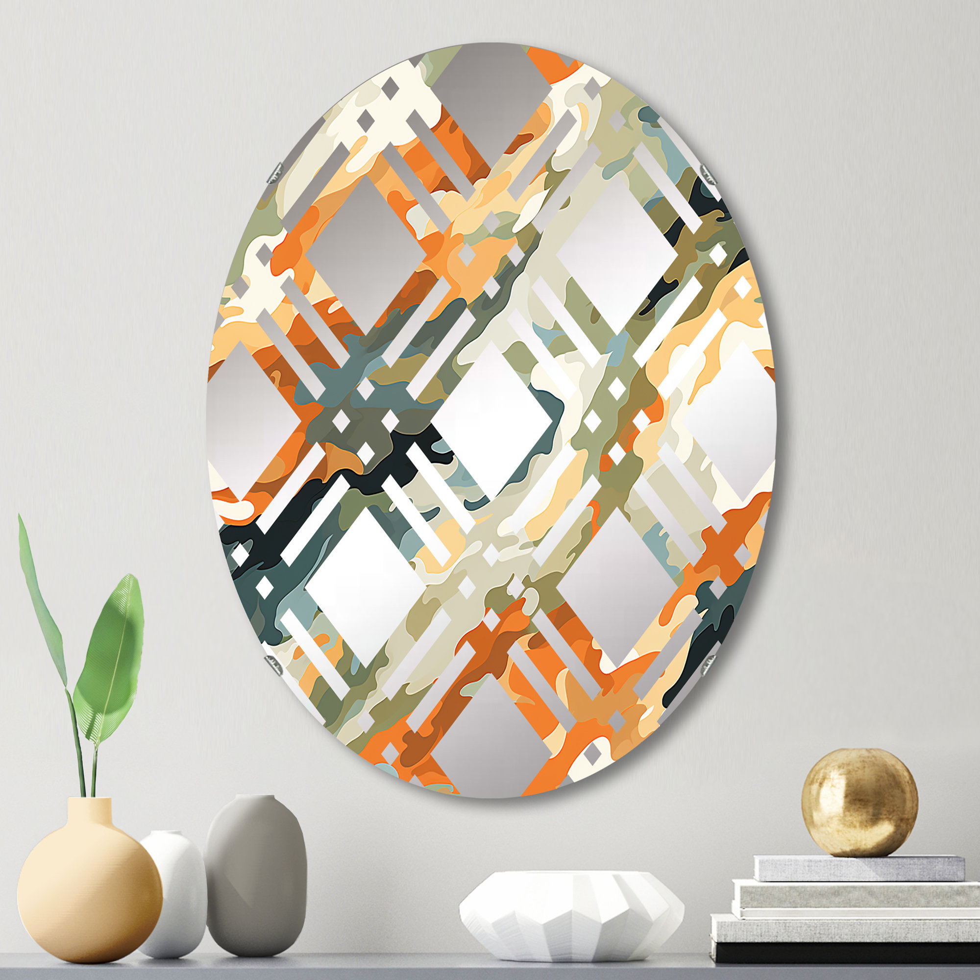 Design Art Orange And Green Expedition - Plaid Decorative Mirror Oval ...