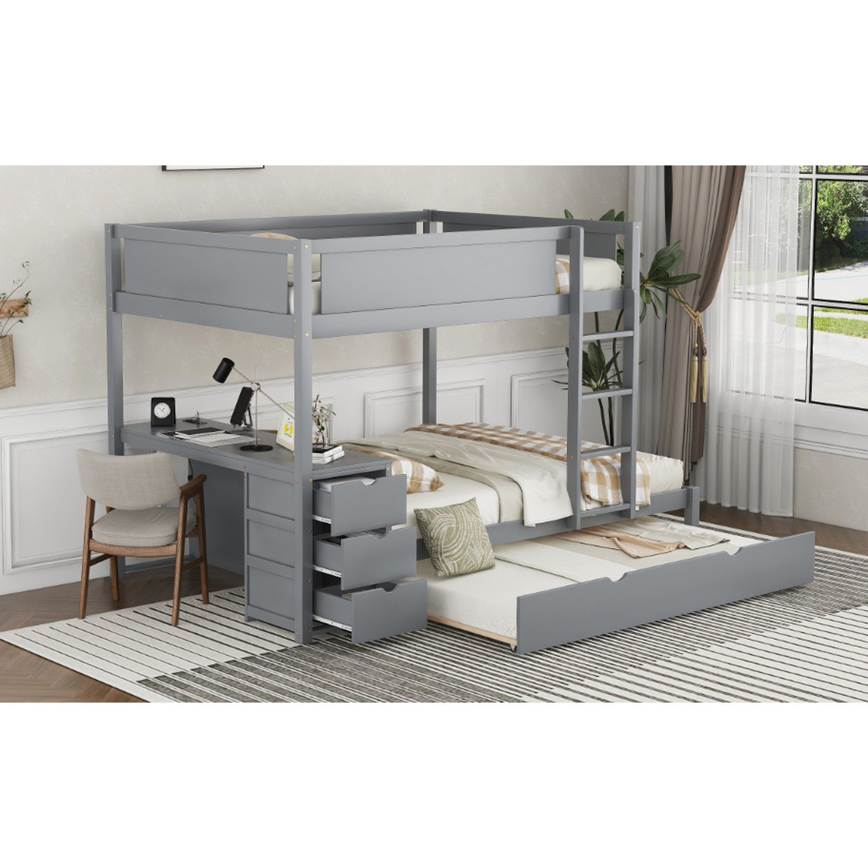 Harriet Bee Grey Bunk Bed With Trundle, Desk, Outlets And Storage For ...