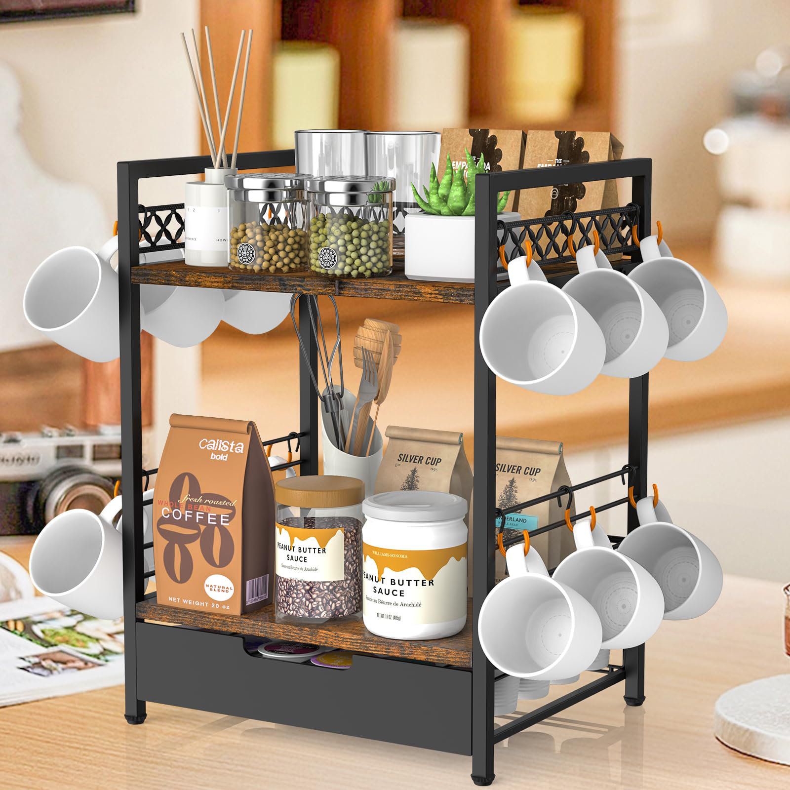 Alcott Hill Coffee Bar Organizer Countertop, 2 Tier Mug Cup Holder ...