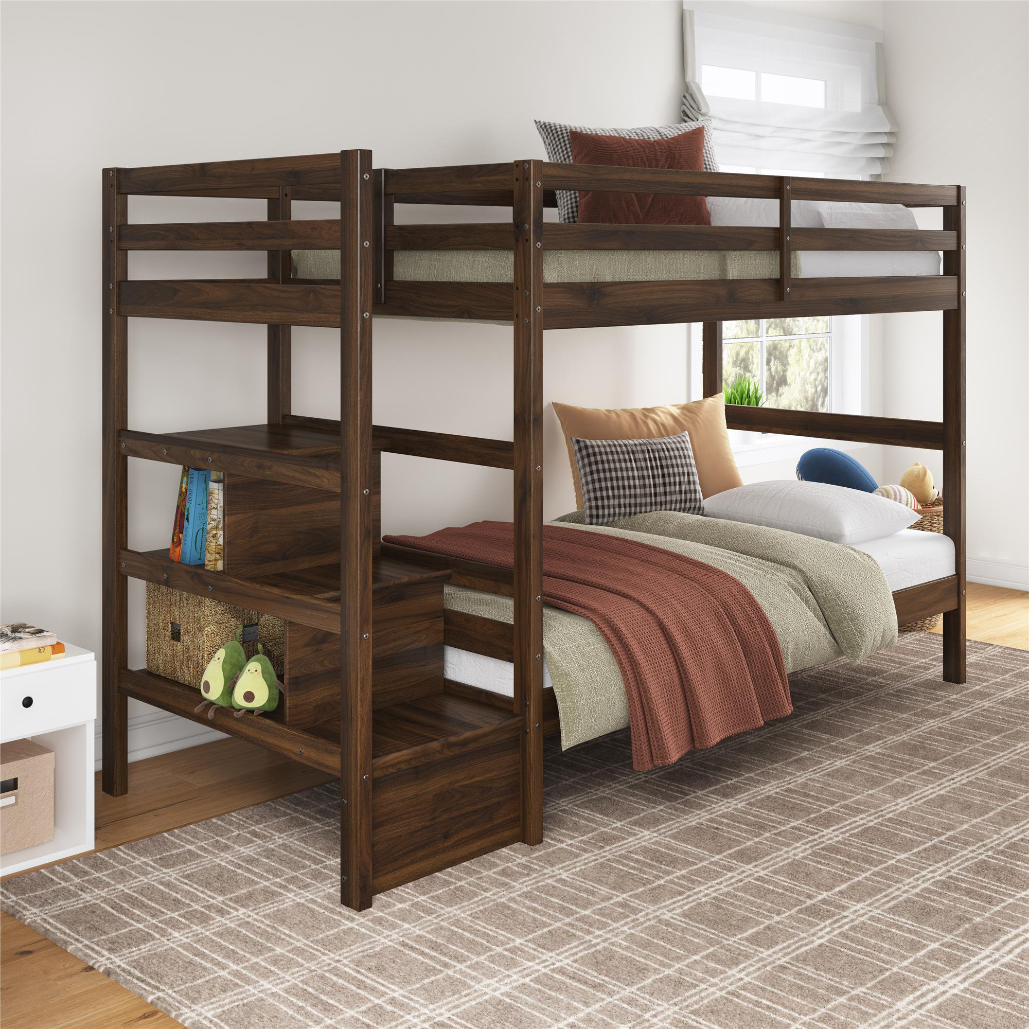 Max & Finn Zaire Kids' Twin/Twin Solid Wood Bunk Bed with Stairs and ...