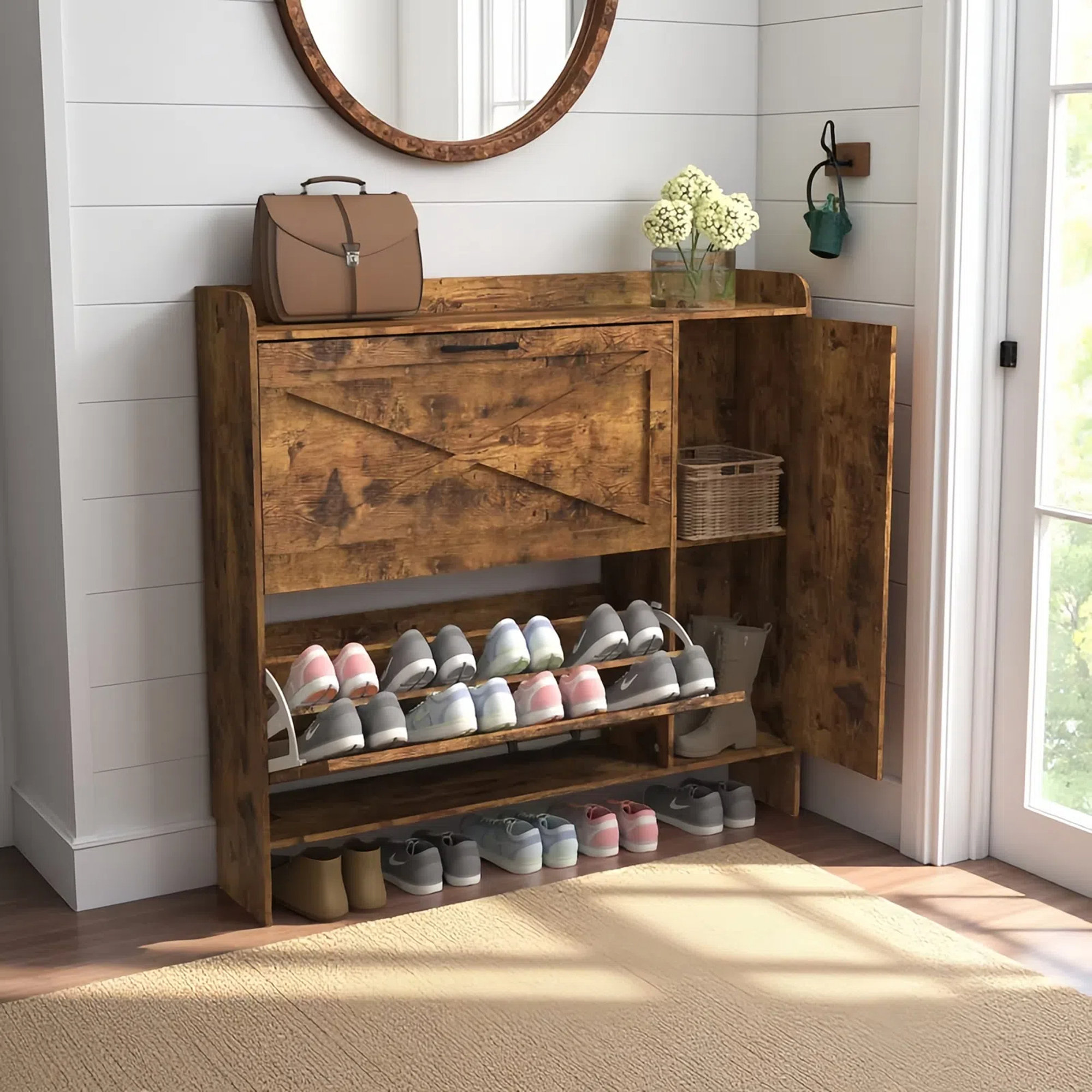 Rebrilliant Narrow Shoe Cabinet With 2 Flip-Up Drawers, Mirror & Metal ...