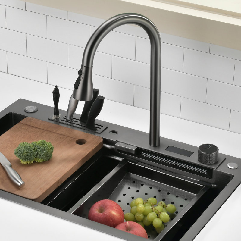 Lefton 304 Stainless Steel Waterfall Kitchen Sink Set, Grey, KS2204-2B ...