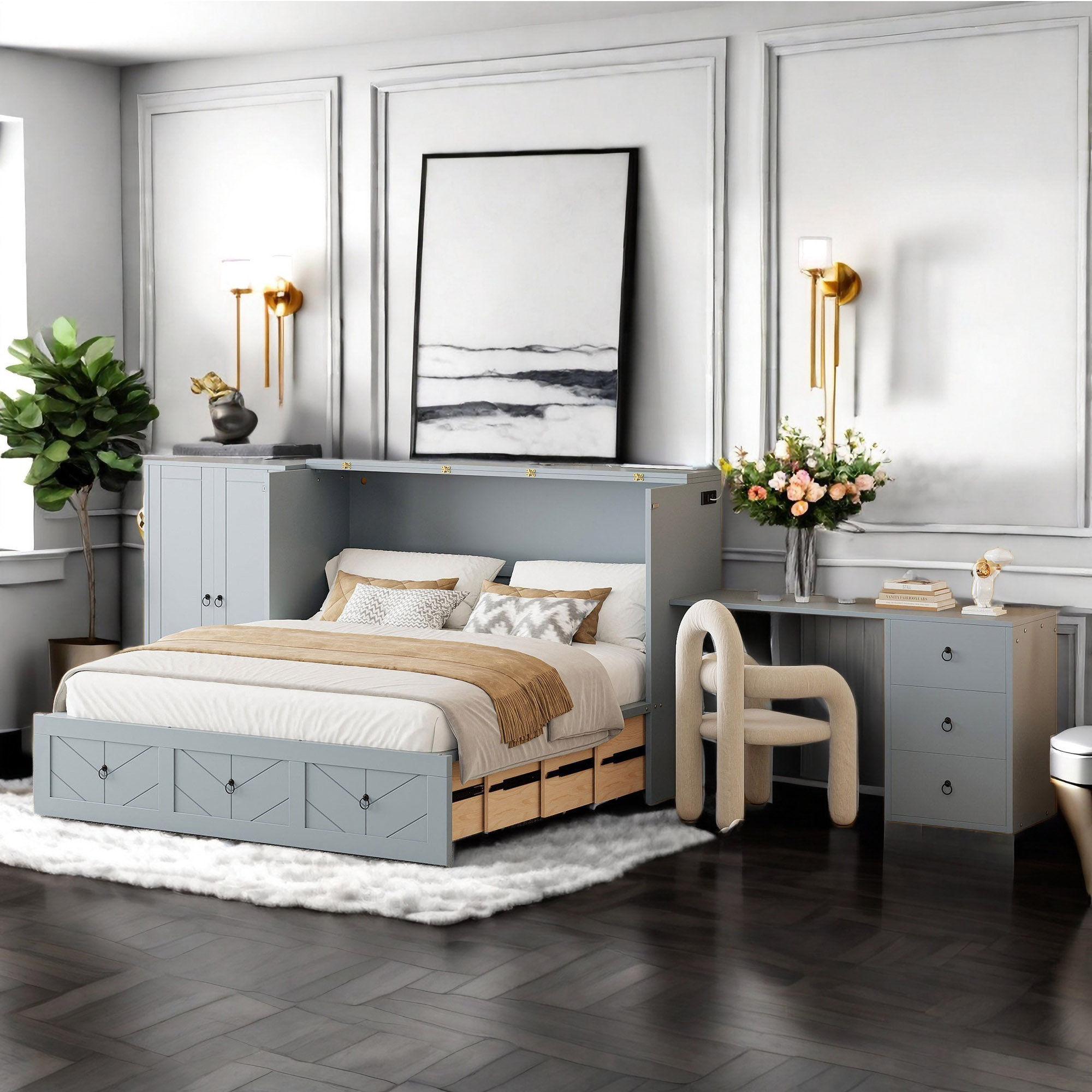 Hokku Designs Modern Queen Size Murphy Bed With Desk And Wardrobe ...