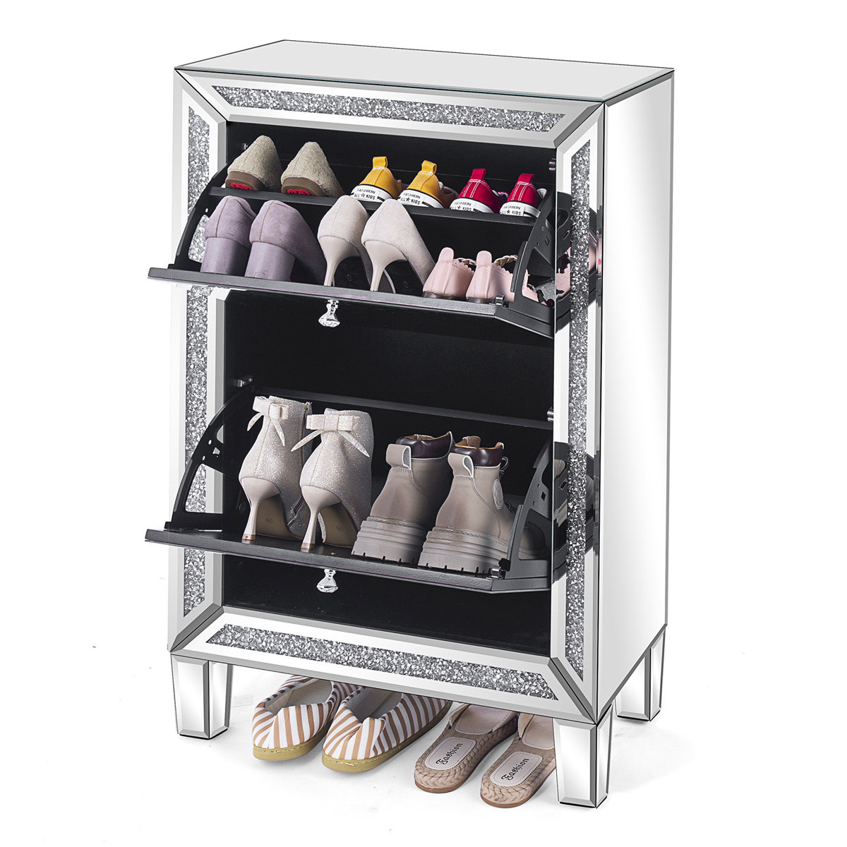 Everly Quinn Pre-Assembled Mirrored Shoe Storage Cabinet With 2 Flip ...