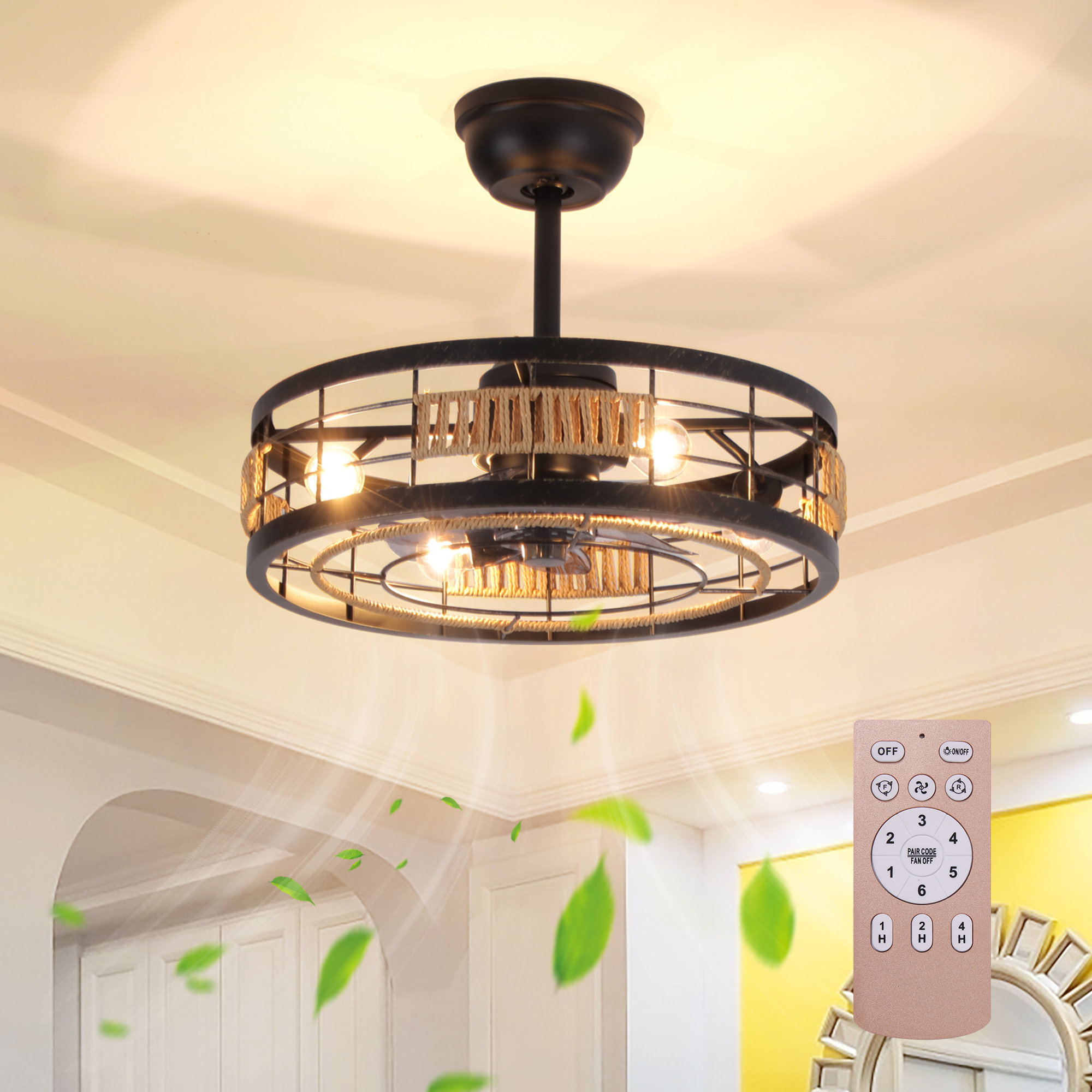 17 Stories 18'' Industrial Cage Ceiling Fan with Light and Remote, 4 ...