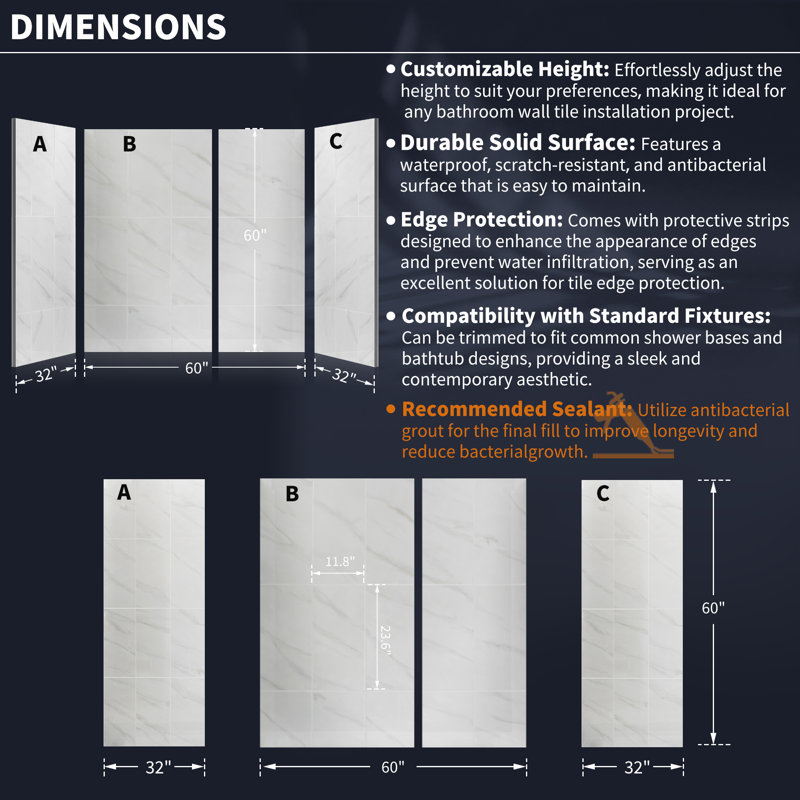ExBrite Composite Shower Wall Panel Surround - Seamless 60" Back Wall ...