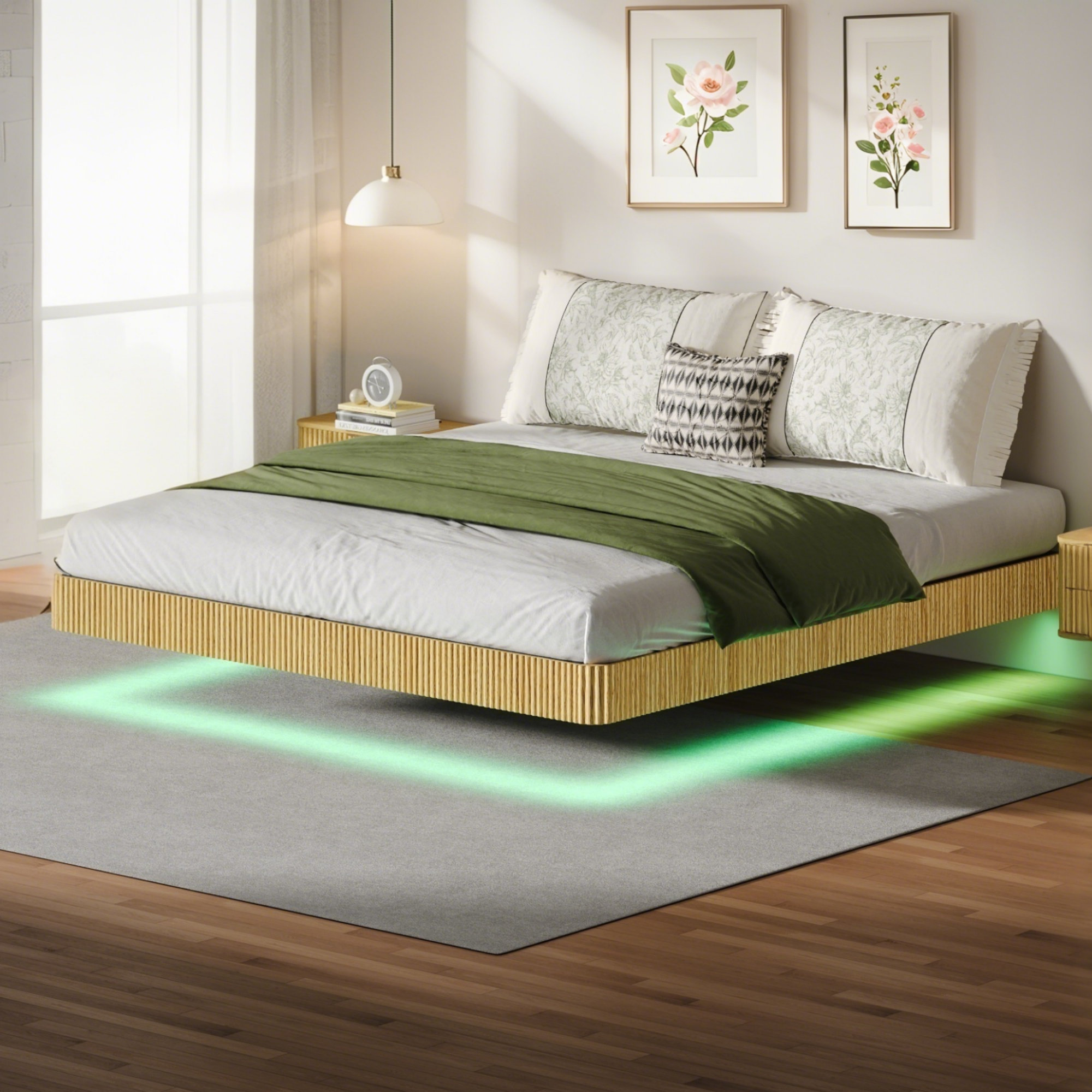 Ivy Bronx Floating Bed Frame With LED Lights, Wave Curve Wood Texture ...