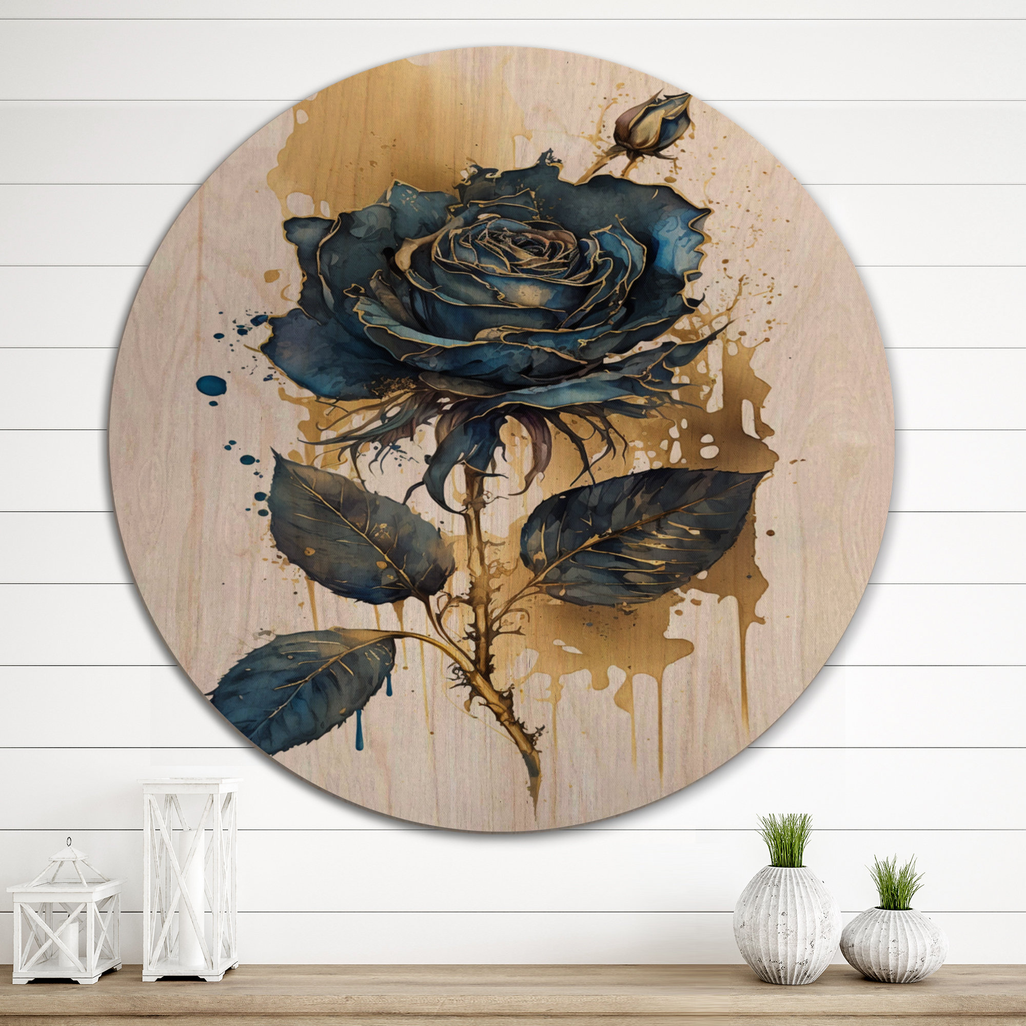 House of Hampton® Blue And Gold Painted Rose On White II - Floral Rose ...