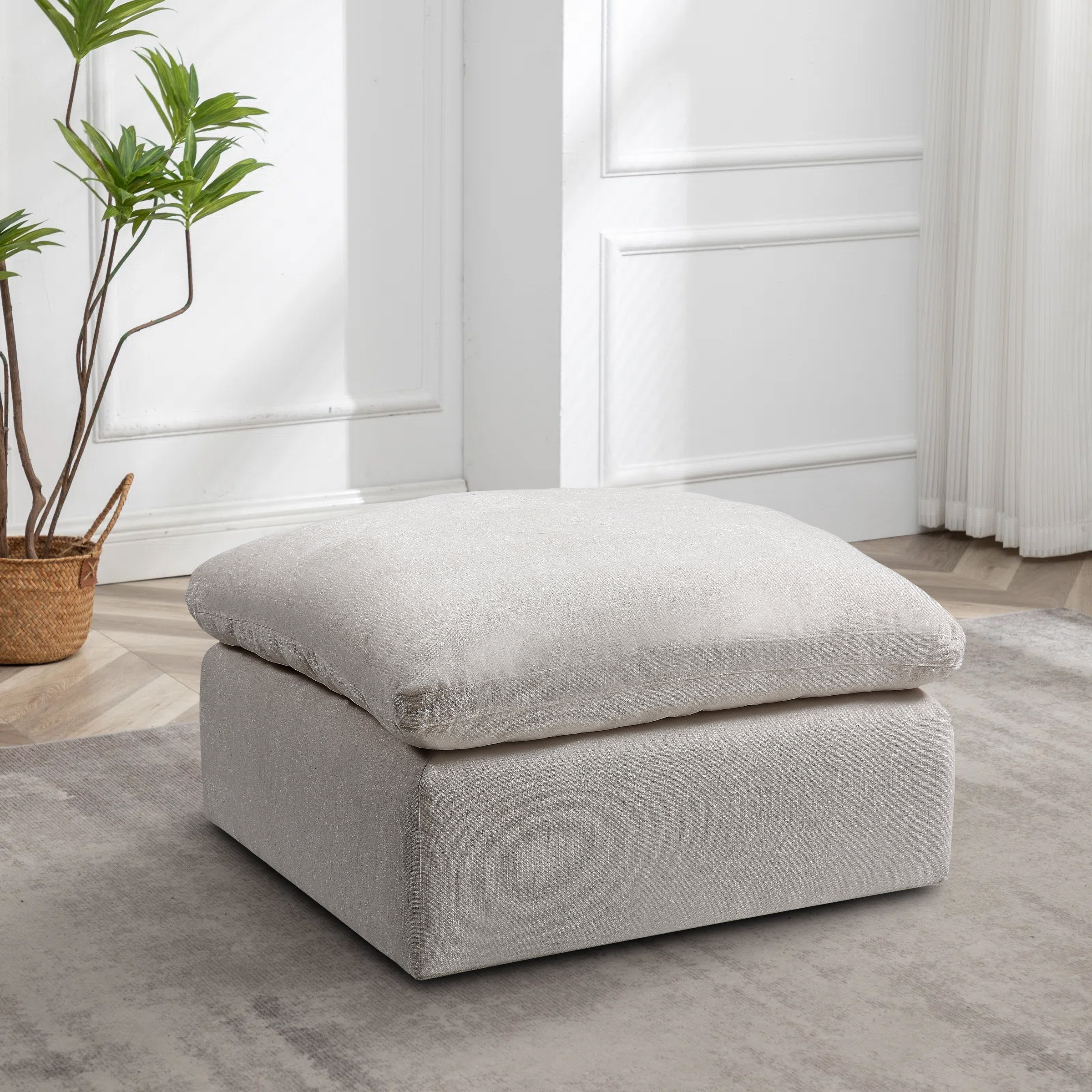Benjara Shar Modular Ottoman, Pillow Top Cushion, Plush Ivory Linen ...