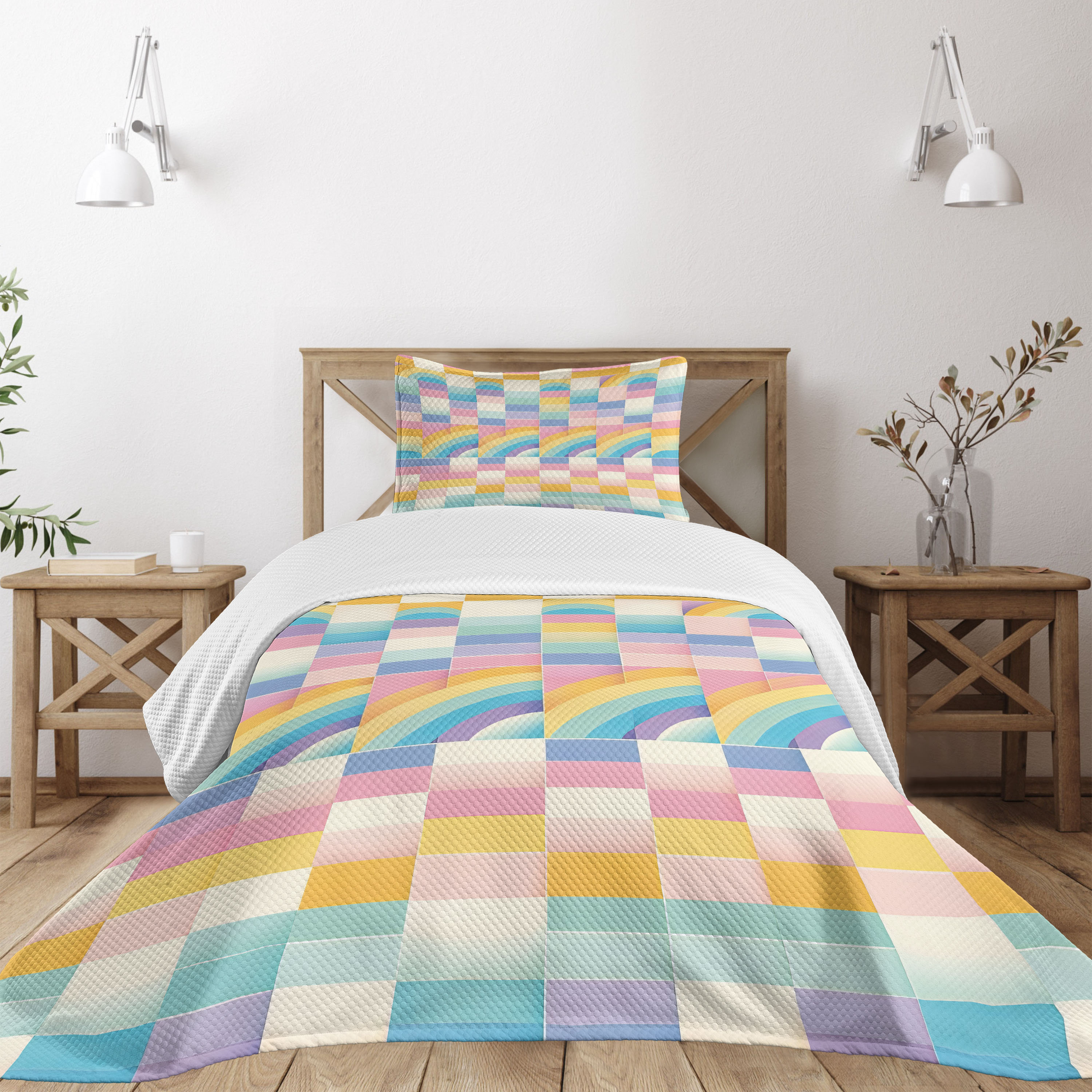 Ambesonne Colorful Bedspread Set Pastel Rainbow Checkered Ceil Blue ...