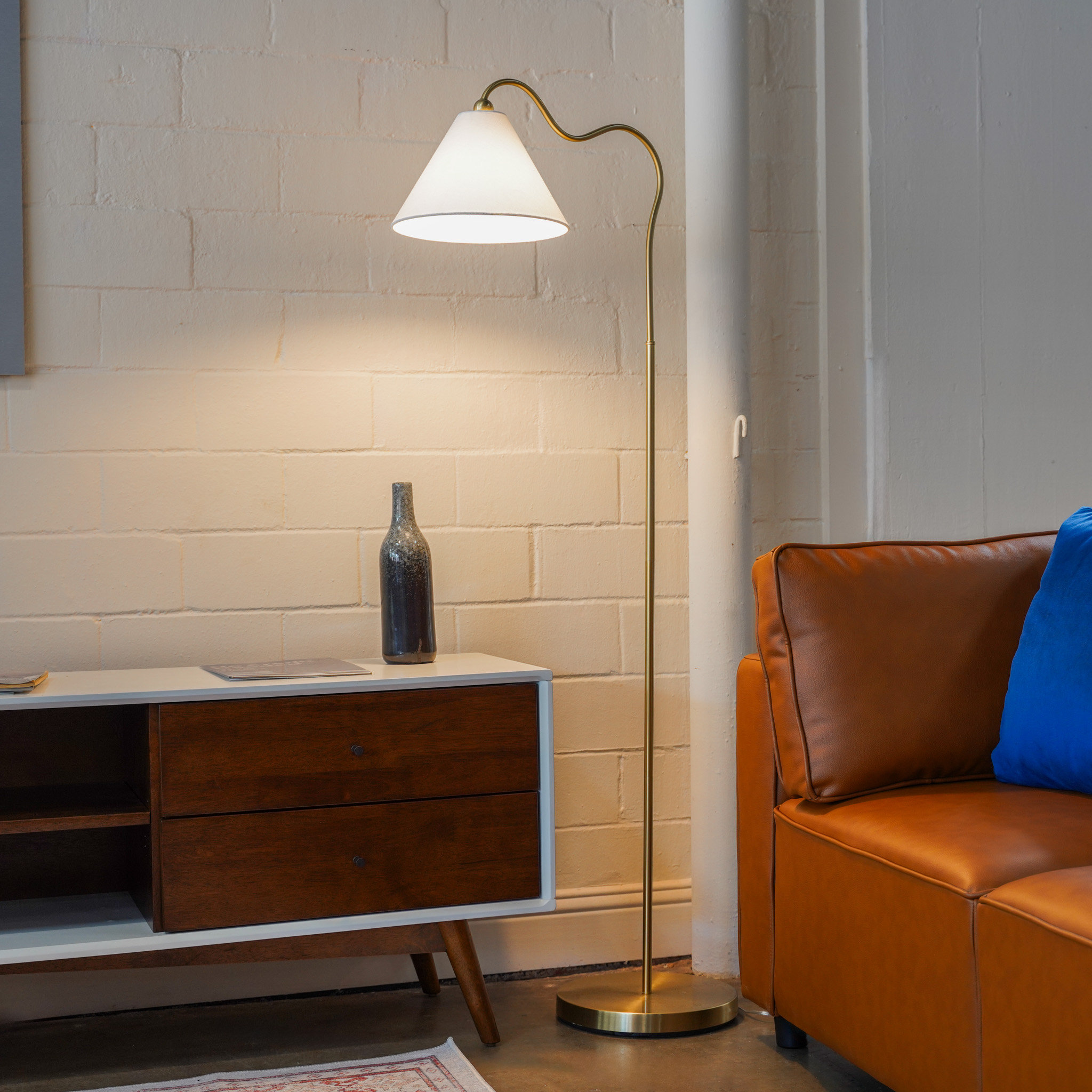 Mercer41 Stina 60" Brass Ring Base Curved Floor Lamp With Triangle ...