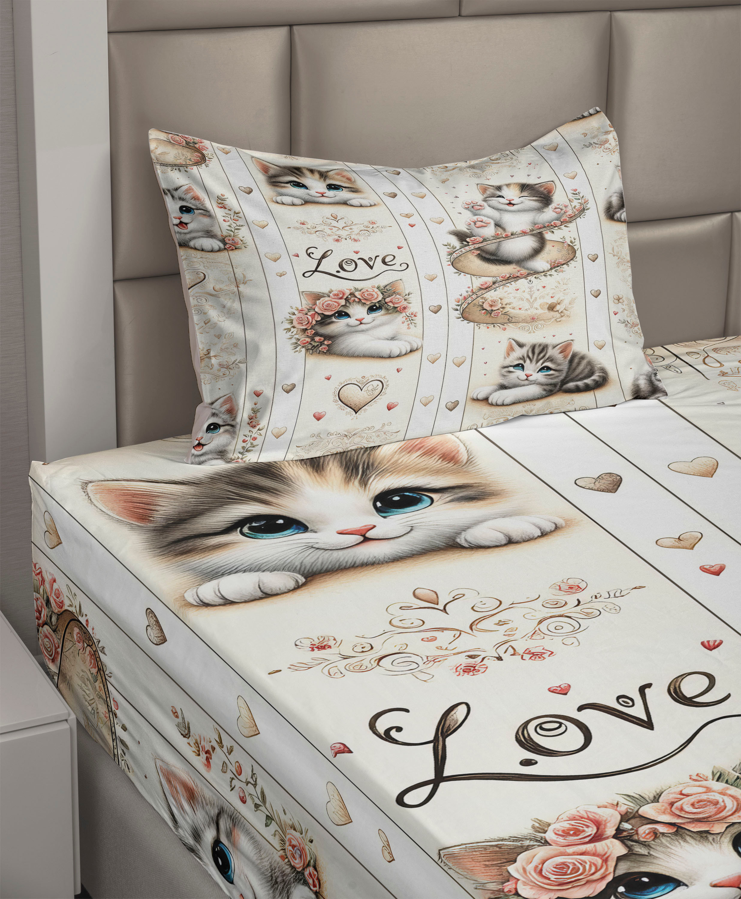 Ambesonne Cat Sheet Set Vintage Smiling Blue Eyed Kitty Ivory Pale ...