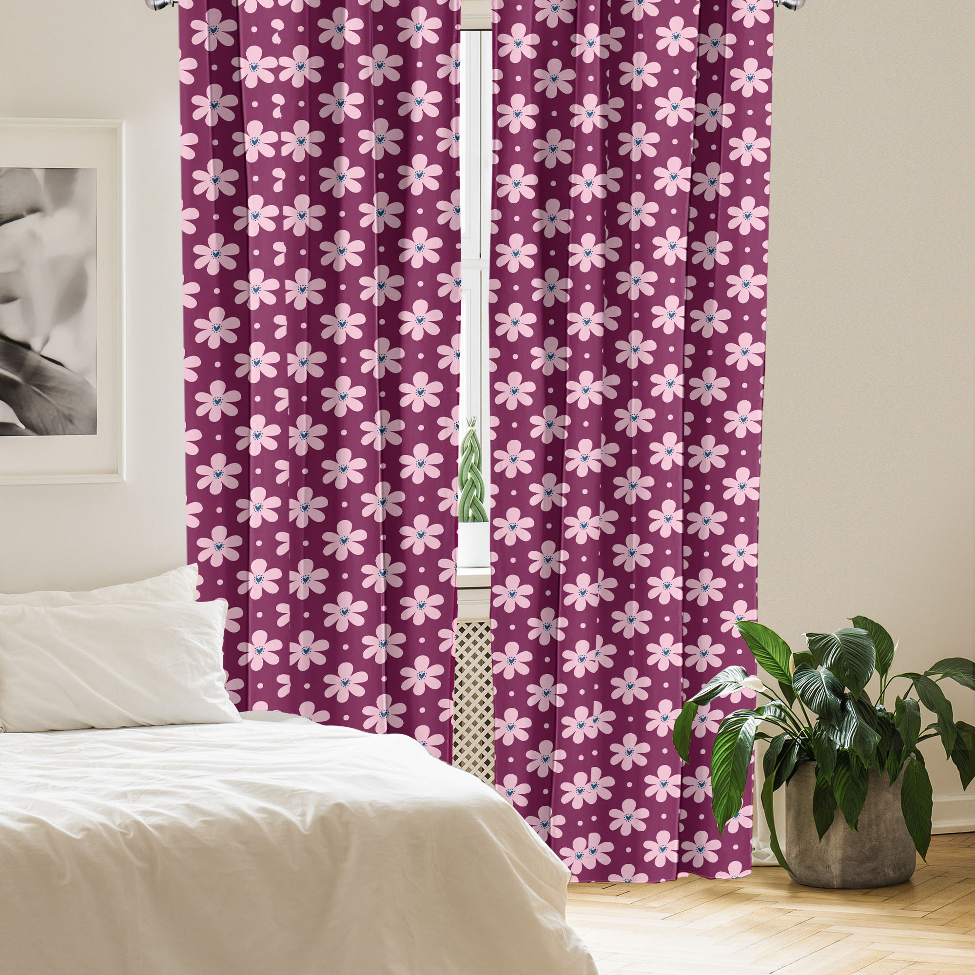 East Urban Home Pink Polka Dots 4-Panel Curtains, Petals with Hearts ...