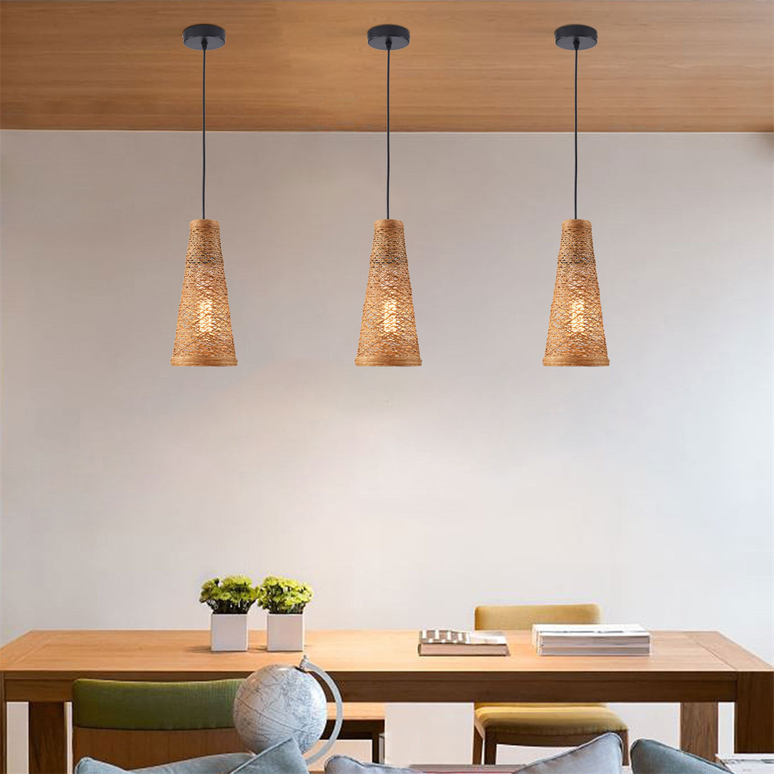 Bay Isle Home™ Retro Dimming Rattan Hand-Woven Pendant Light Adjustable ...