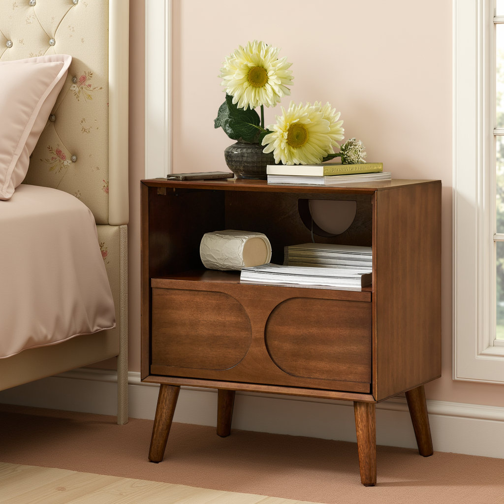 George Oliver Wood Grain Finish End Table Nightstand with Drawer, USB ...