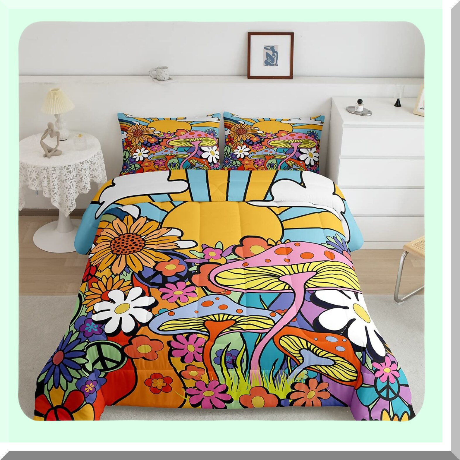 East Urban Home Retro Daisy Sun Comforter Set - Queen Size Boho Floral Bedding with Groovy 60s ...