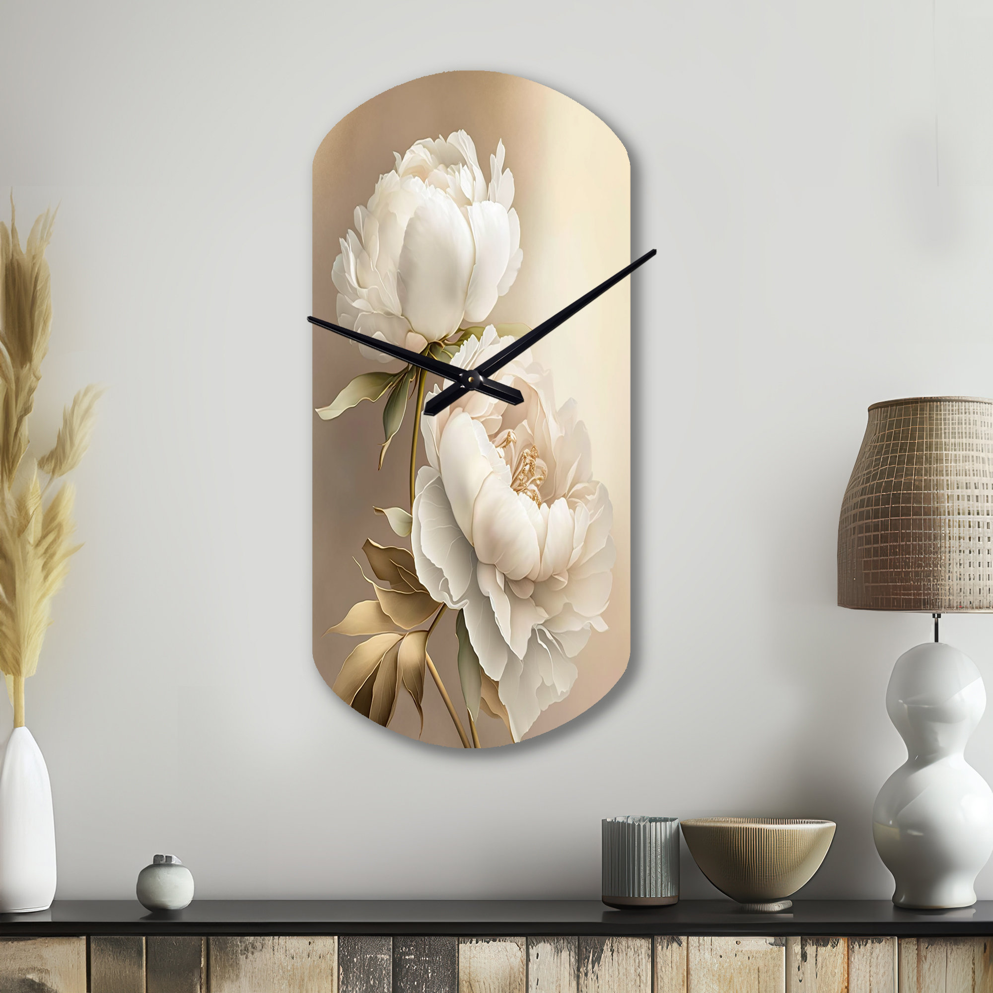 Design Art Peony Flower II - Peonies Asymmetrical Metal Wall Clock ...