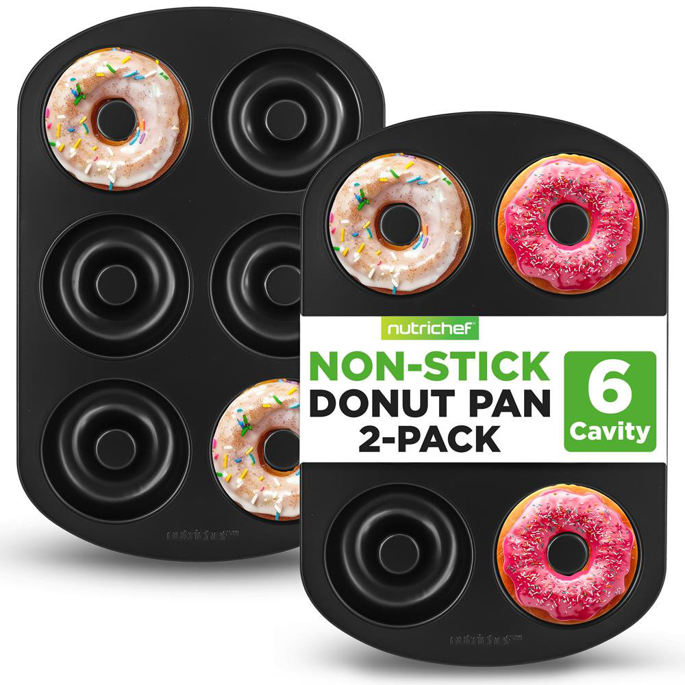 NutriChef 2 Piece Set of Non-Stick 6-Cup Donut Pan, Carbon Steel Donut Baking Pans, Non-Stick ...