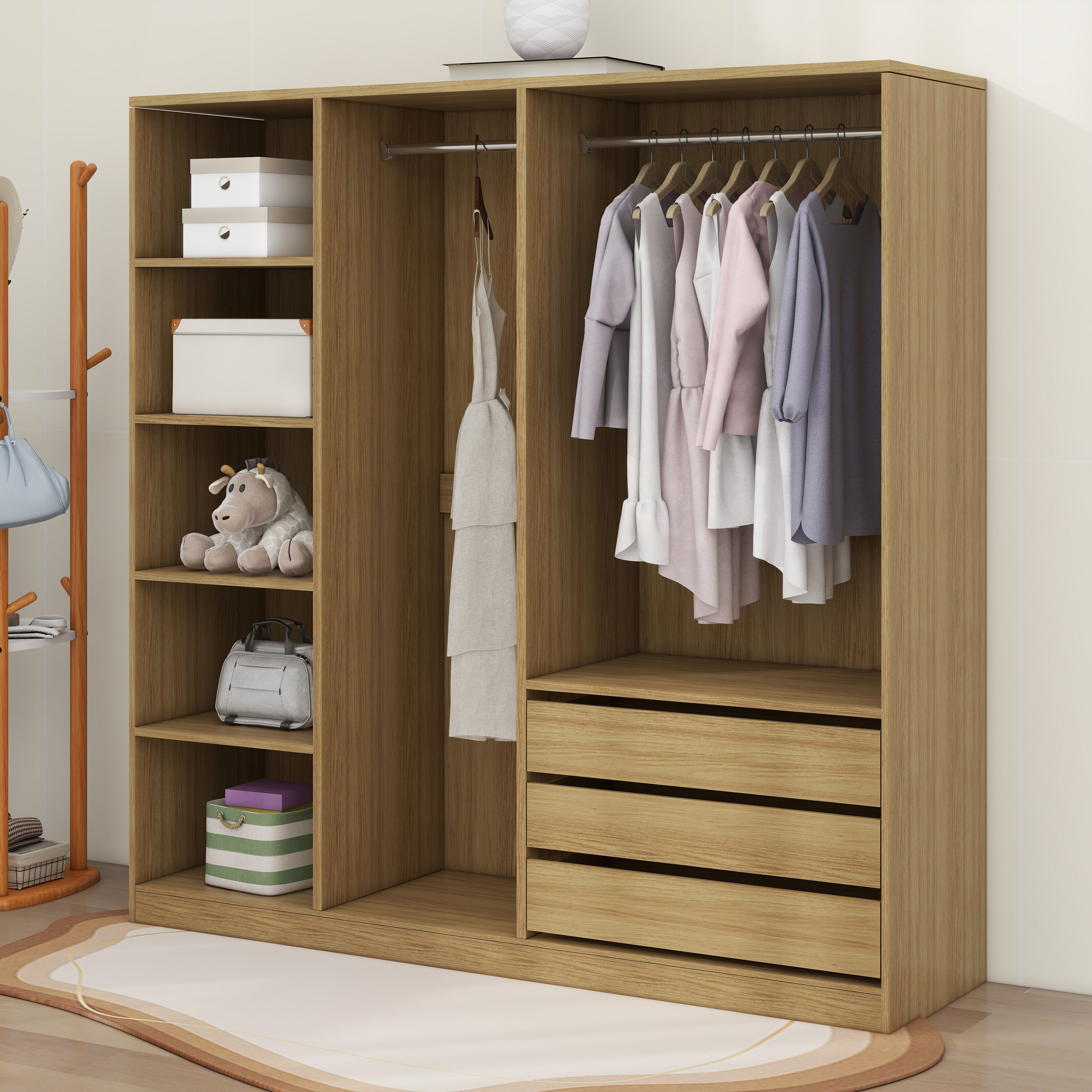 Latitude Run® Doorless Wardrobe With Shelves And 3 Drawers | Wayfair