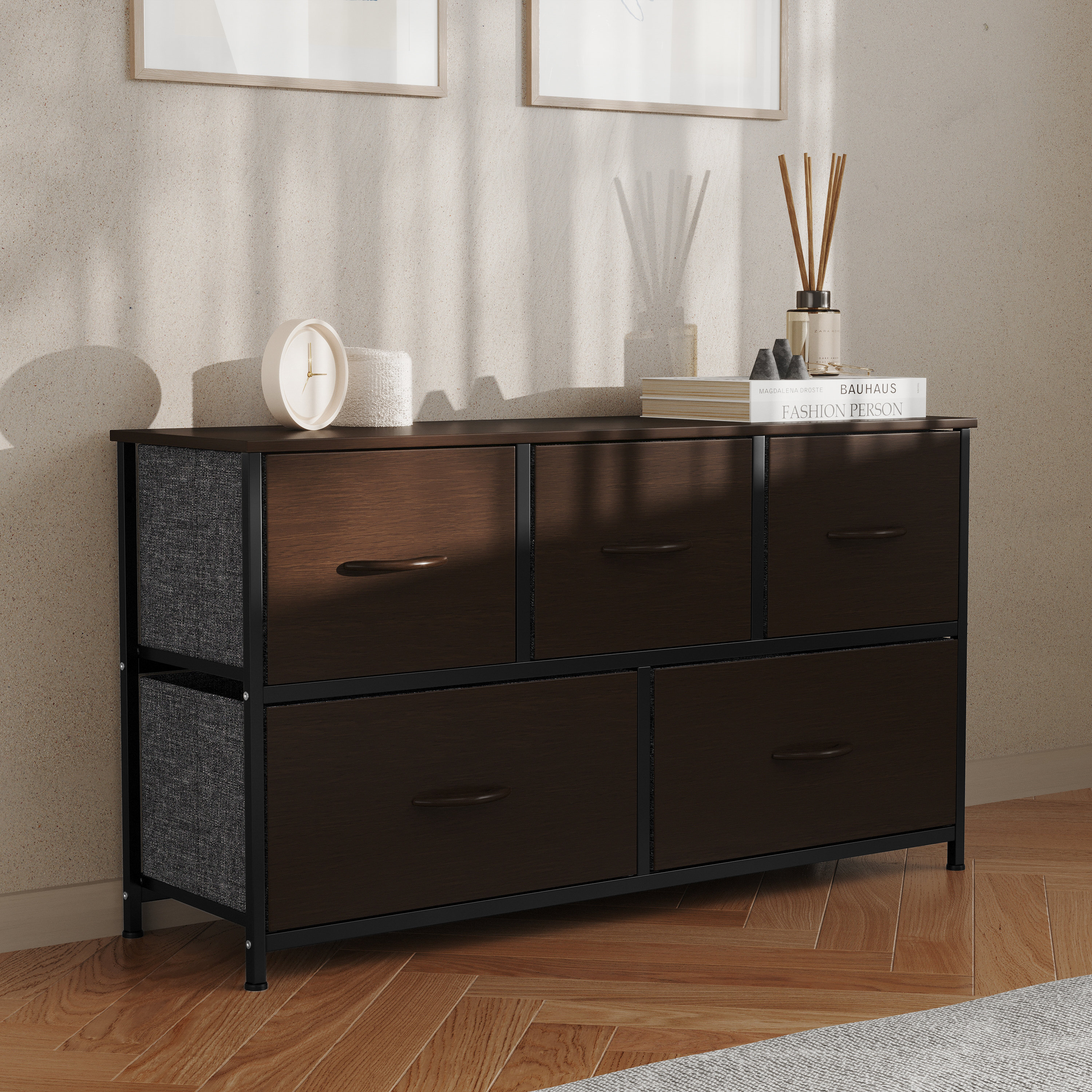 Ebern Designs Draven 5 Drawer Storage Dresser with Cast Iron Frame ...