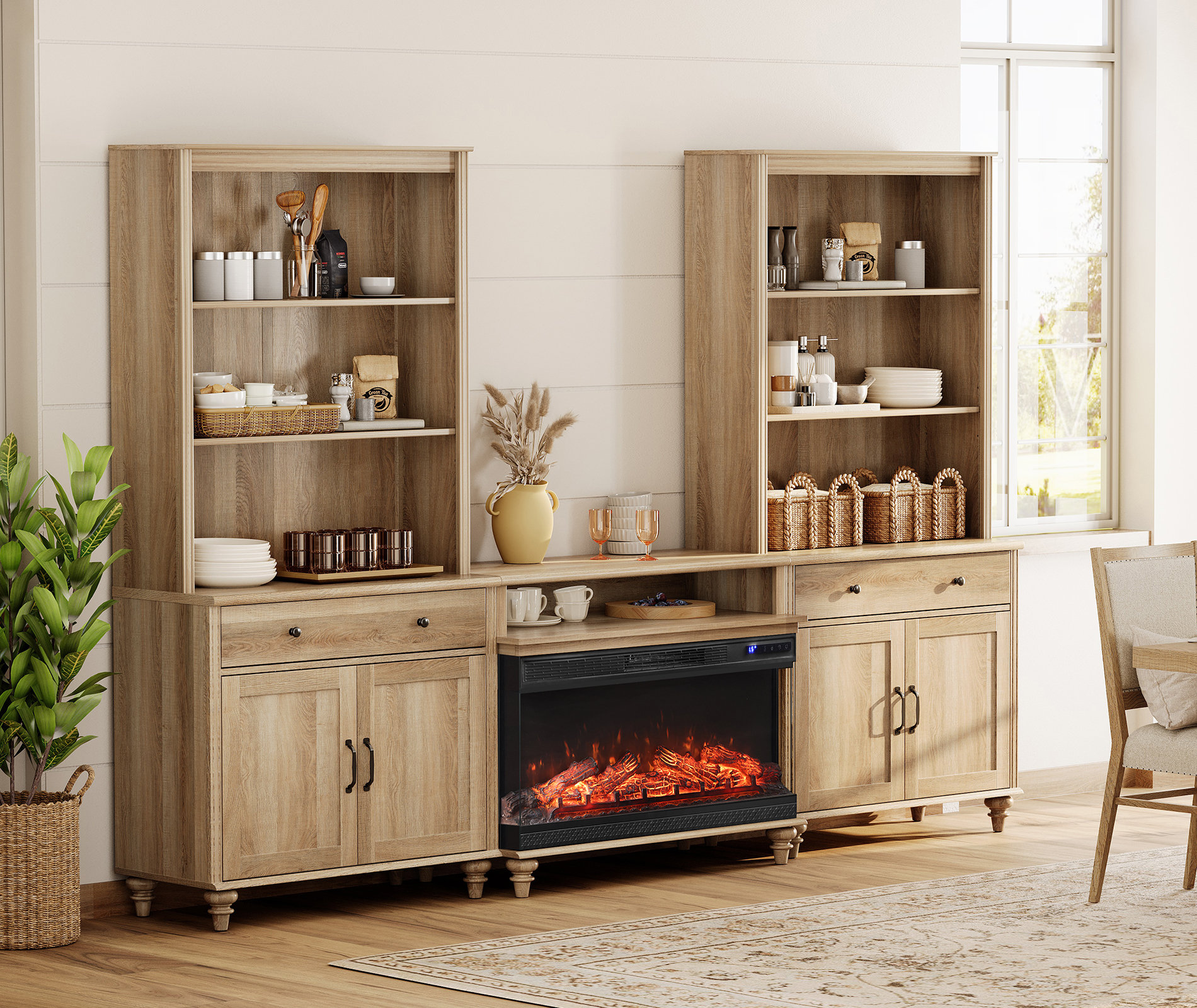 Latitude Run® Sideboard Cabinet With Bar Hutch, Vintage Wood Grain ...