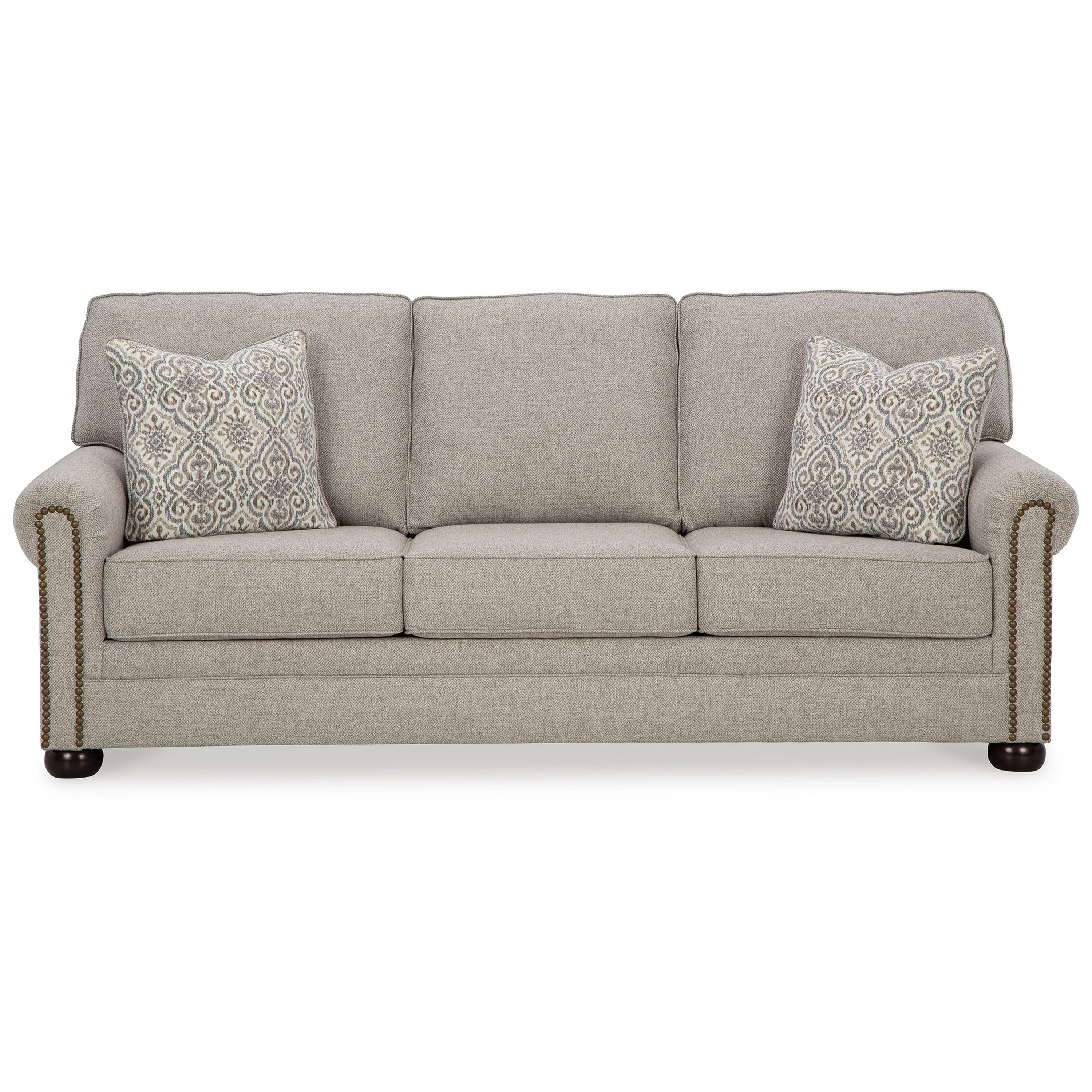 Benjara Gael Sofa, Grey Beige Polyester, Dark Brown Nailhead Trim 87 ...