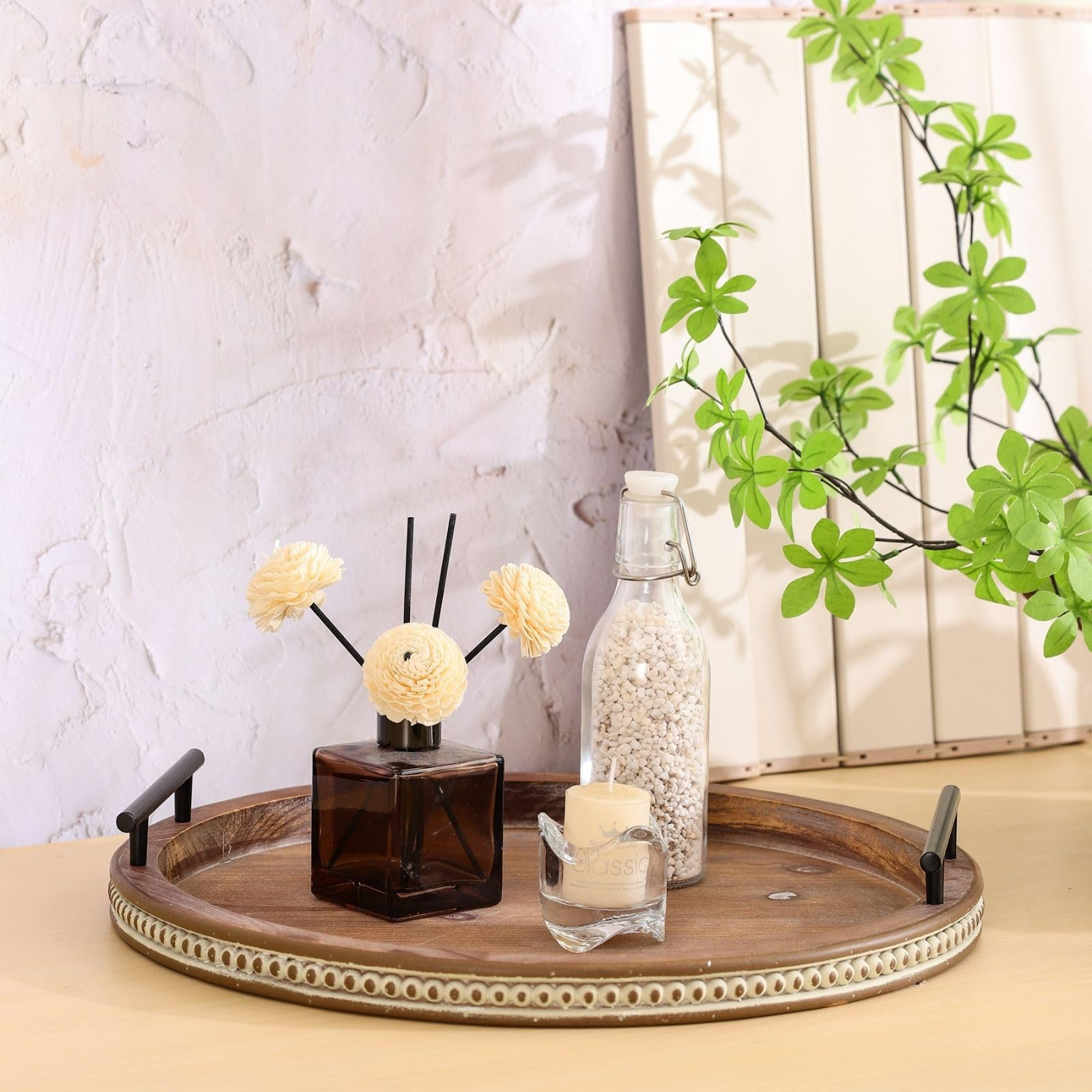 Dakota Fields Wooden Coffee Table Tray with Handles, Round Beaded ...