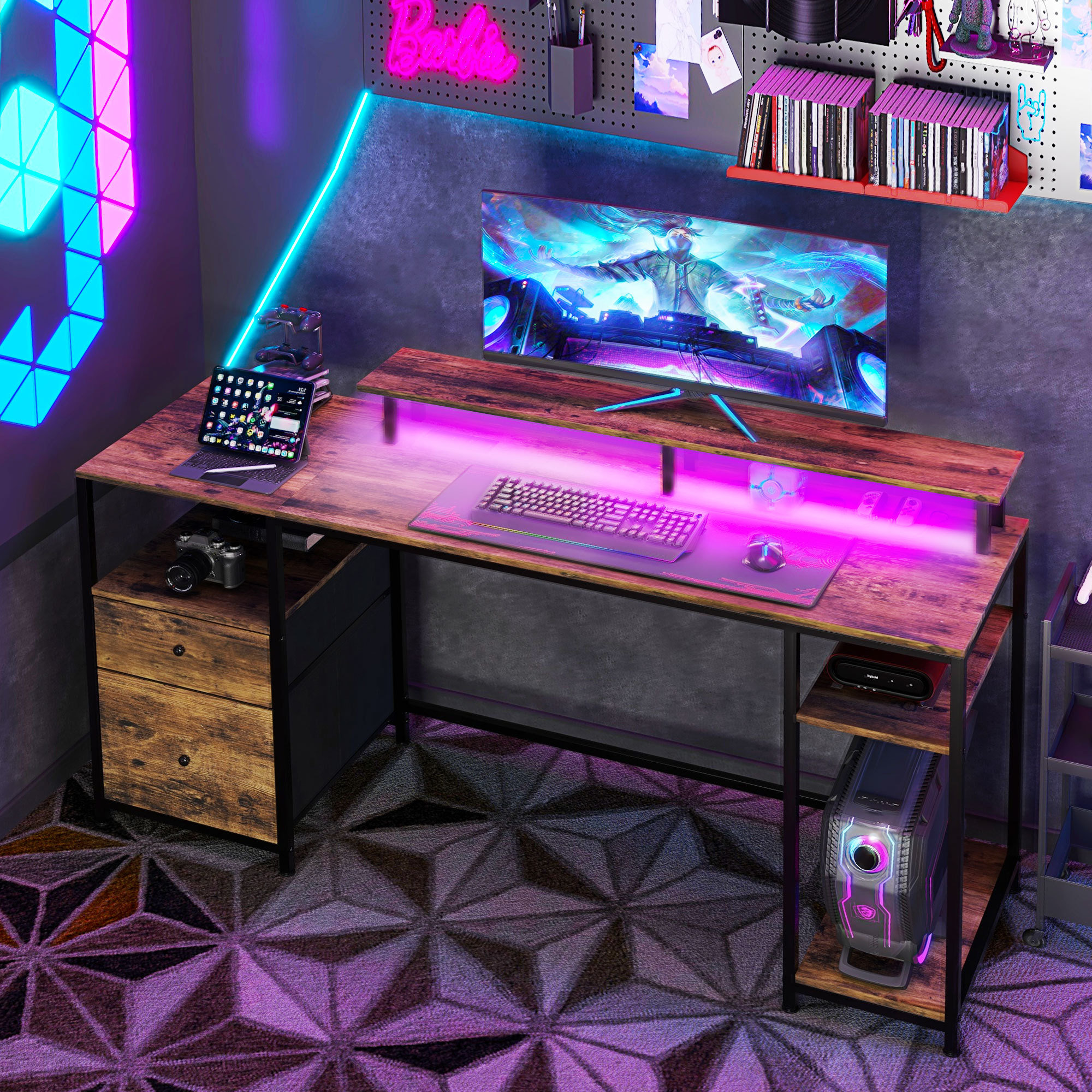 Ophelia & Co. Innovative Led Gaming Desk Steel Rustic Style For Home ...