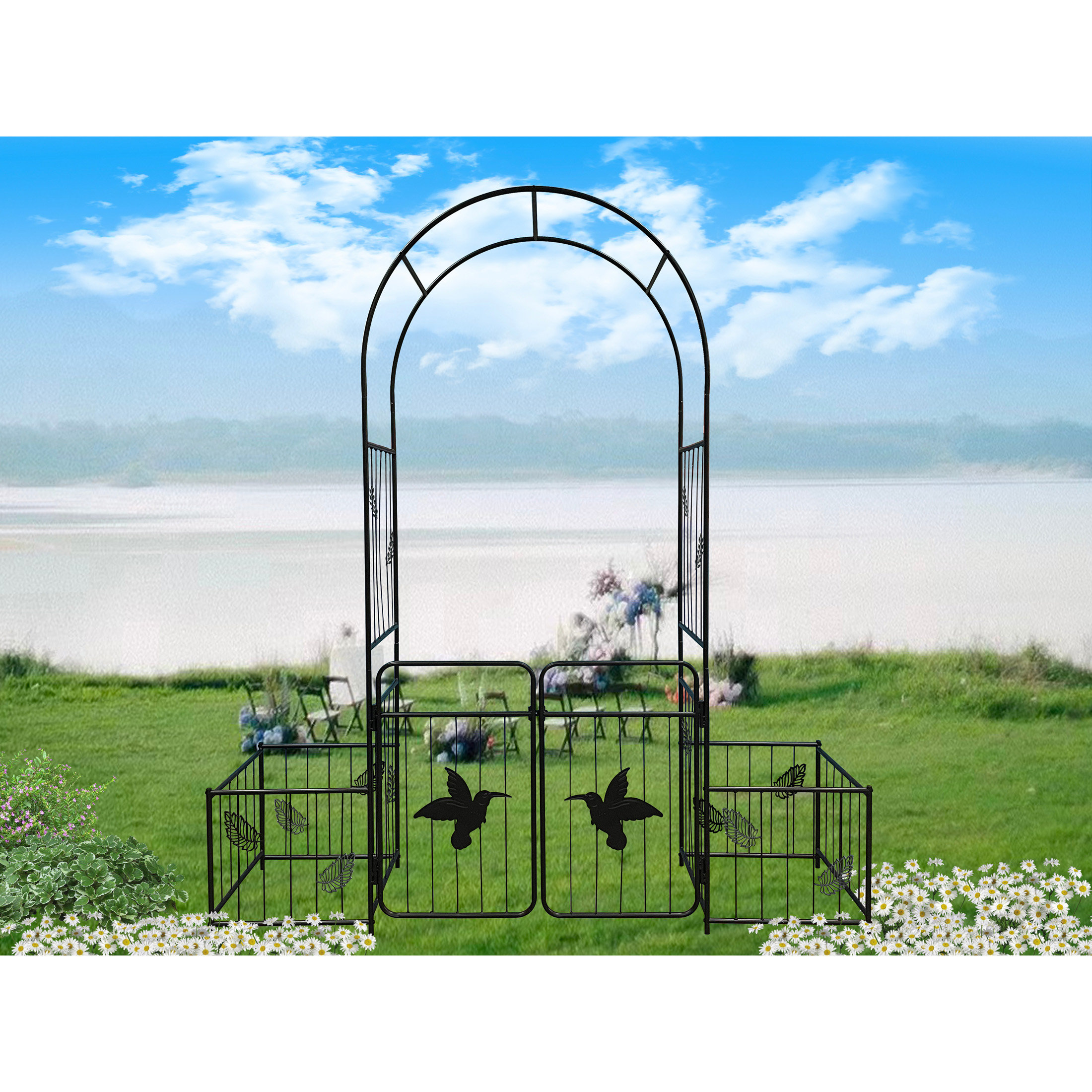 Latitude Run® Metal Garden Arch with doors Garden Arbour Trellis ...