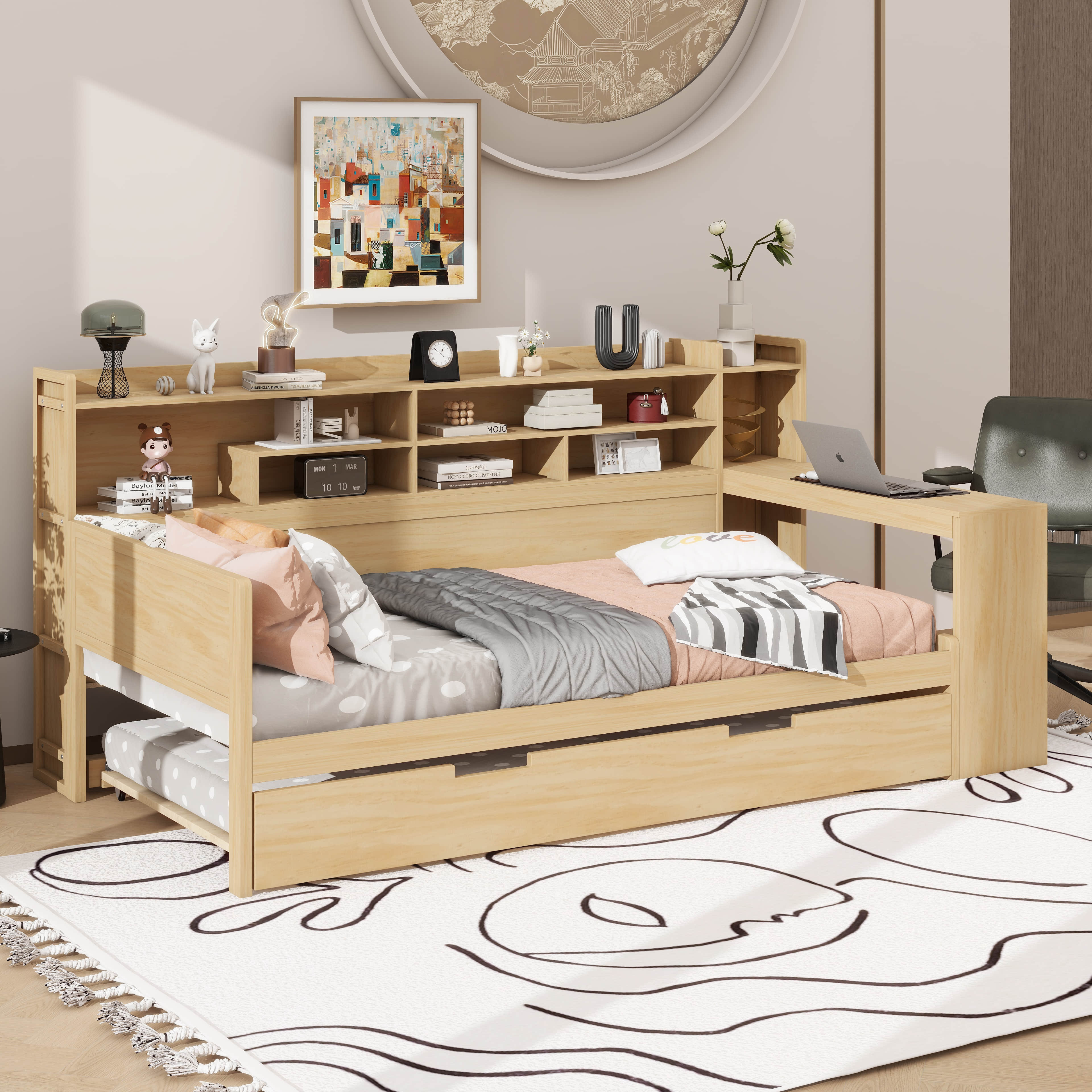 Latitude Run® Daybed With Wooden Sofa Frame, Trundle Storage, Shelves ...