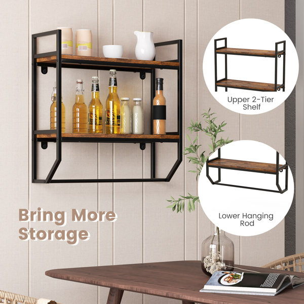 Topbuy 2-tier Floating Shelving Wall-mounted Shelf With Hanging Rod ...