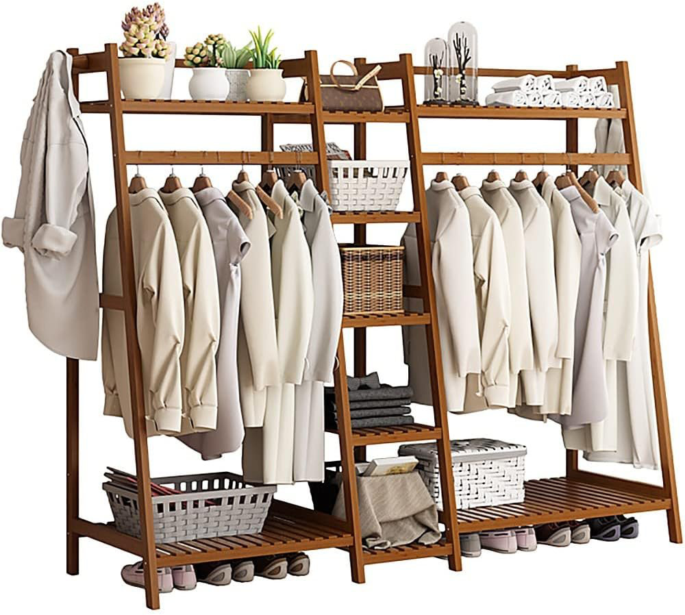 Rebrilliant Bamboo Deluxe Freestanding Clothing Shelf – Double Rod ...