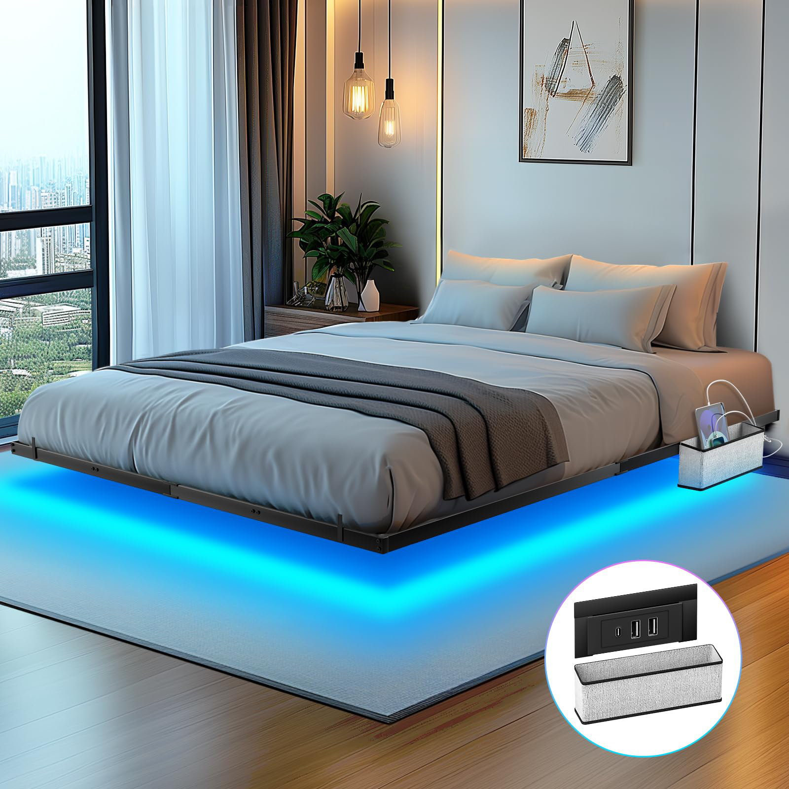 Wrought Studio Floating Bed Frame With Side Pocket, Led Floating Bed ...