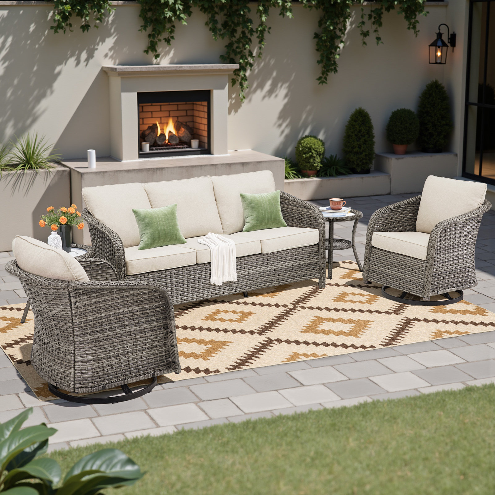 Lark Manor™ 5-Piece Wicker Swivel Glide Set With Sofa & 2 End Tables ...