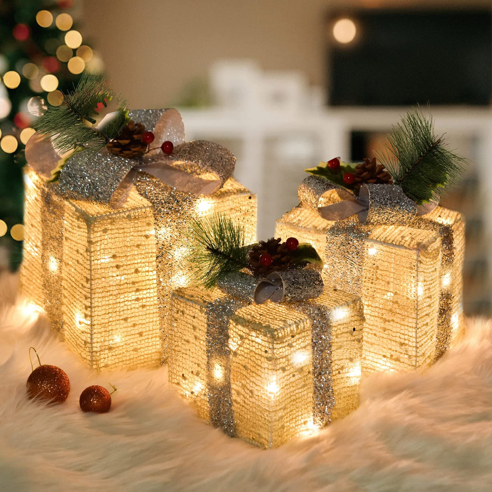 The Holiday Aisle® Set of 3 Christmas Lighted Gift Boxes, Pre-lit 60LED ...