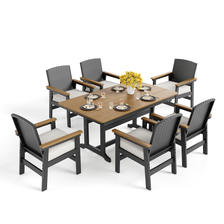 Alphamarts 6 Person HDPE Outdoor Dining Sets With Wicker Chairs And ...
