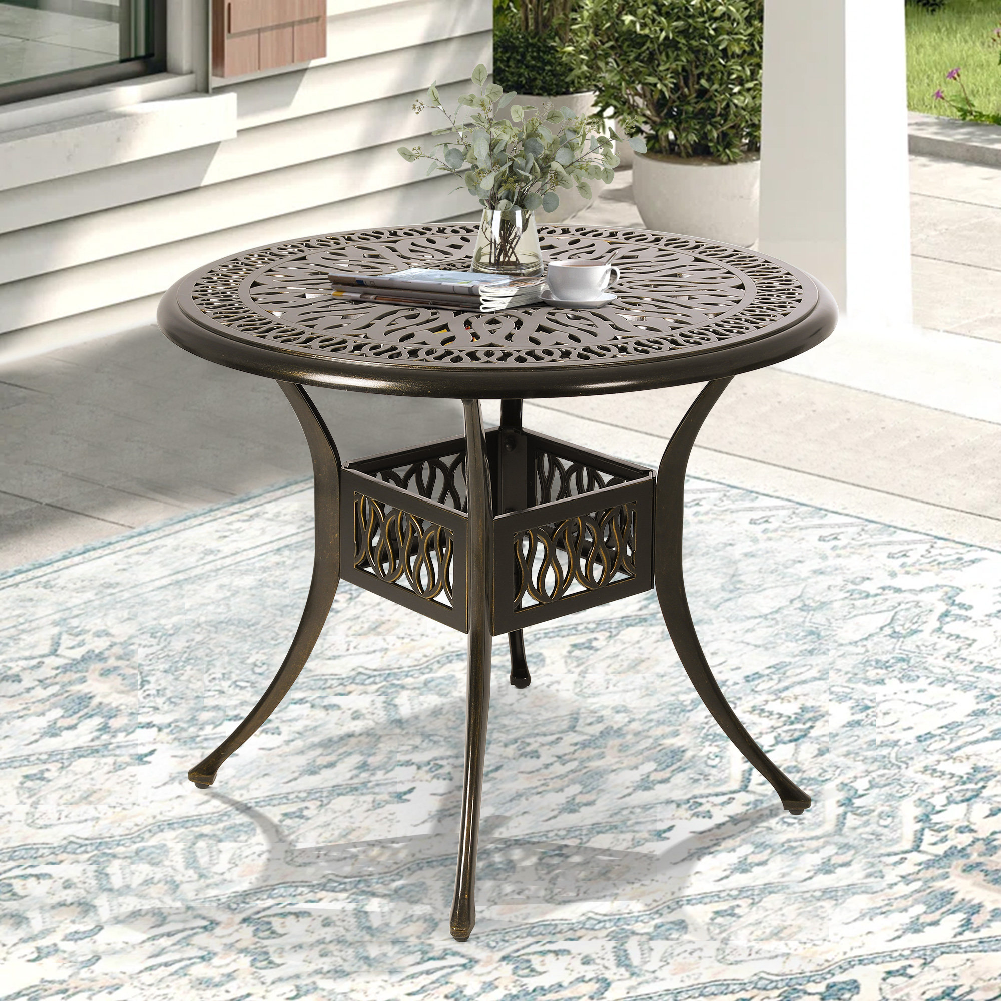 Charlton Home Round Steel Outdoor Bistro Table, Cast Aluminum Patio ...