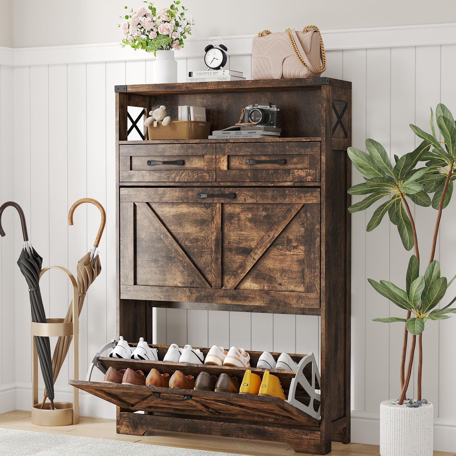 Gracie Oaks Shoe Storage Cabinet With 2 Flip Drawers & 2 Drawers | Wayfair