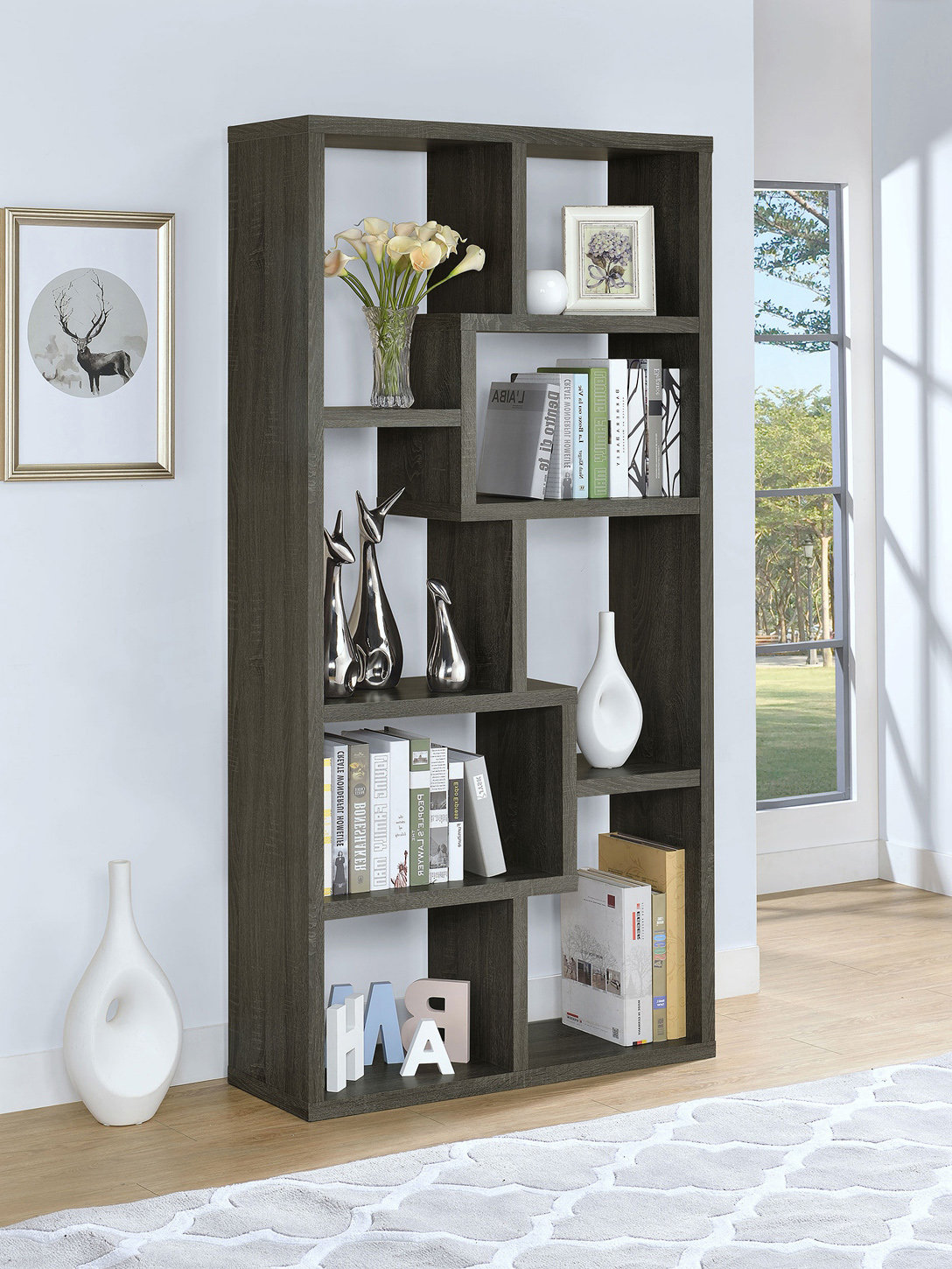 Hokku Designs Geometric Bookcase With Seven Shelves, Storage Shelf ...